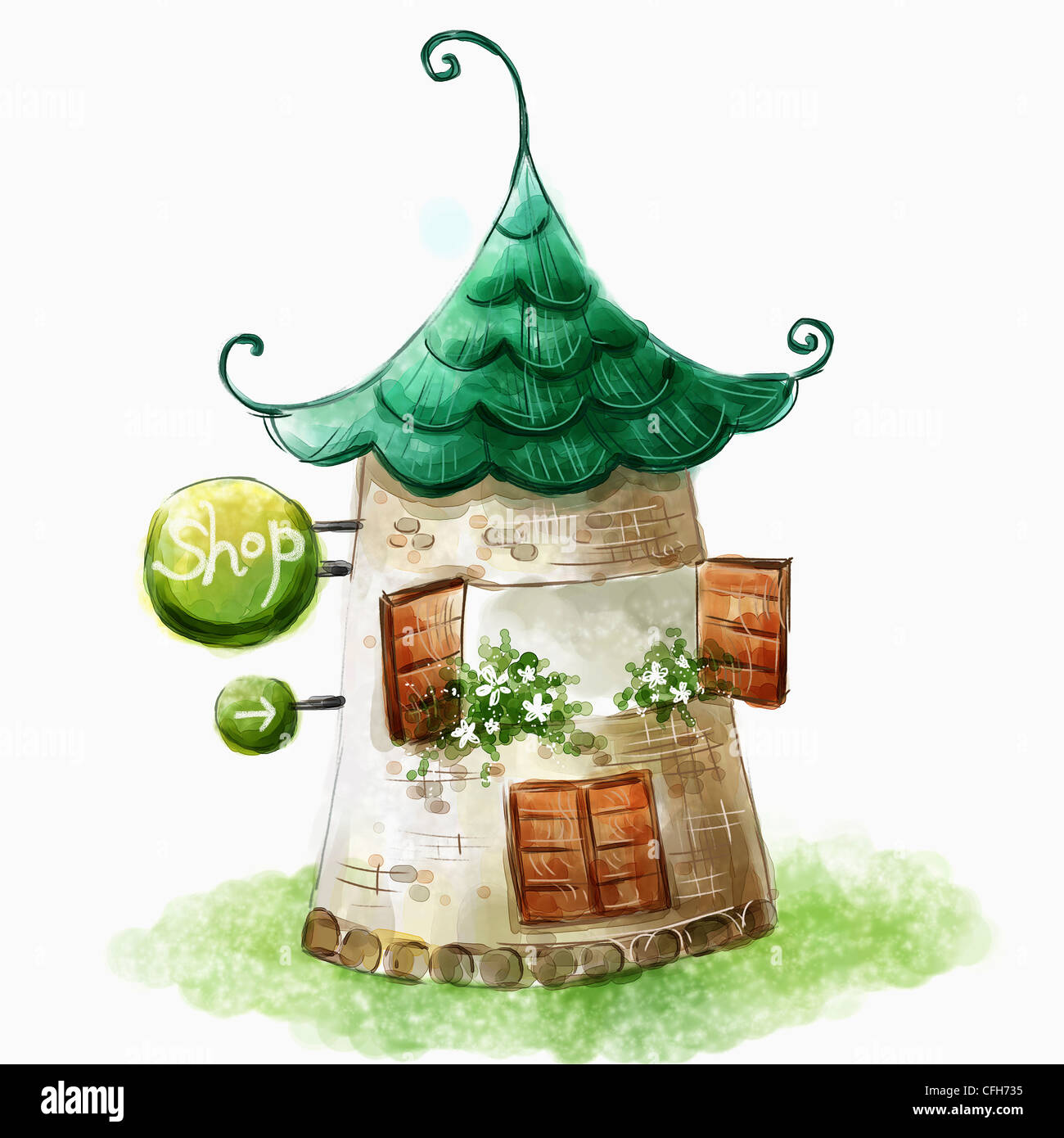 The green roof shop with the white flowers around the window Stock ...