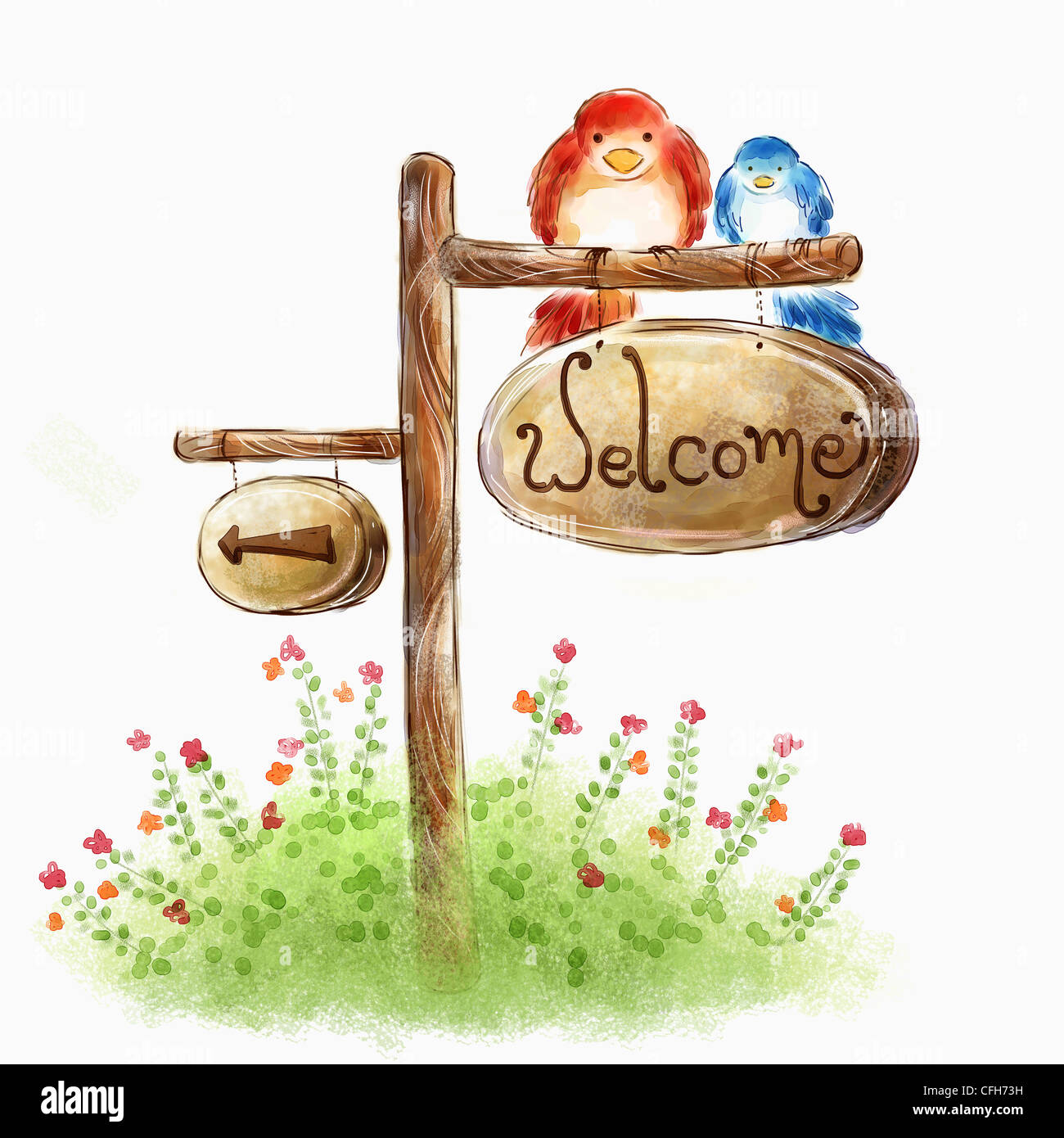 The red and blue birds on the wooden welcome sign board Stock Photo - Alamy