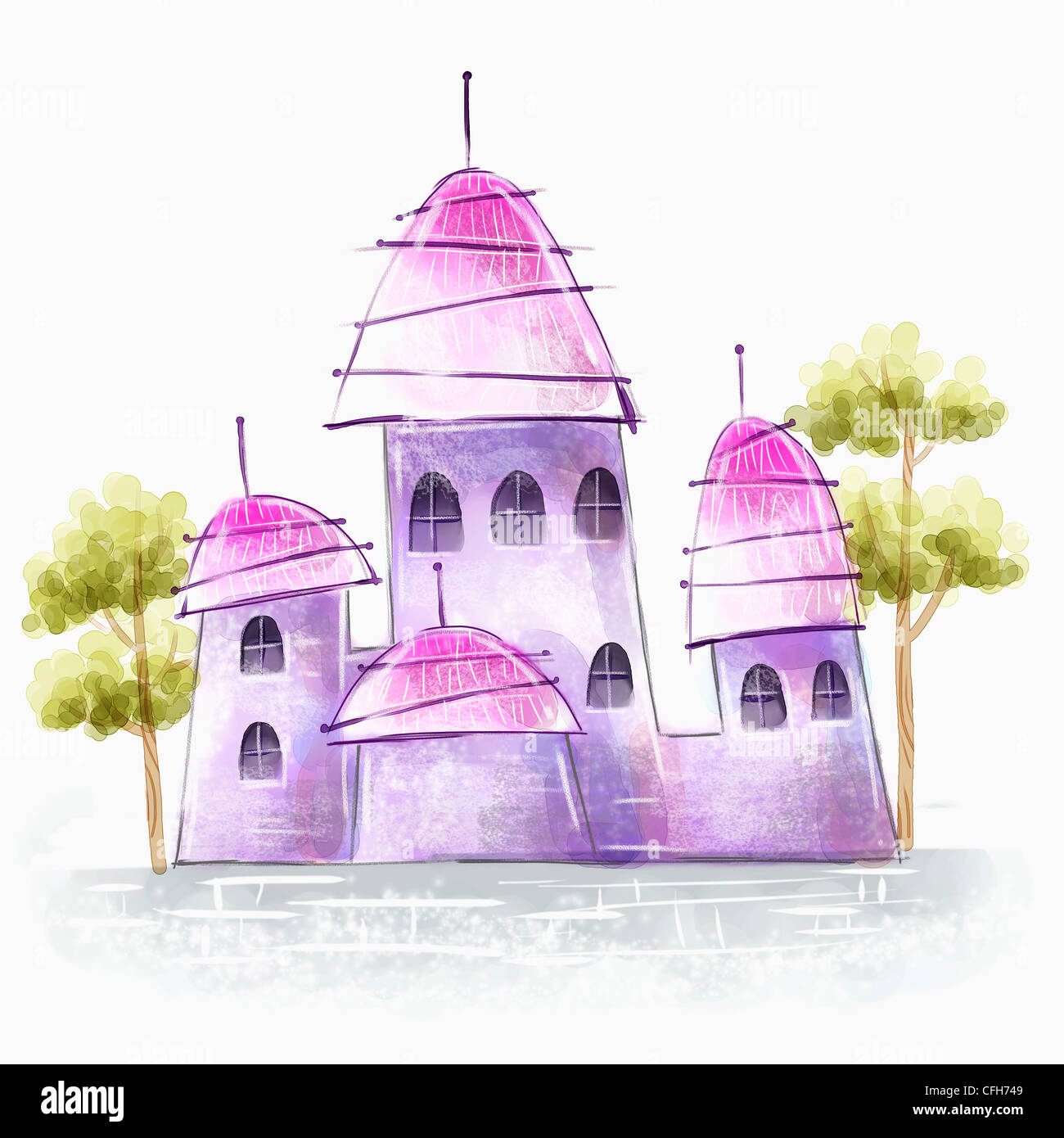 The purple colored castle with the green trees around Stock Photo - Alamy