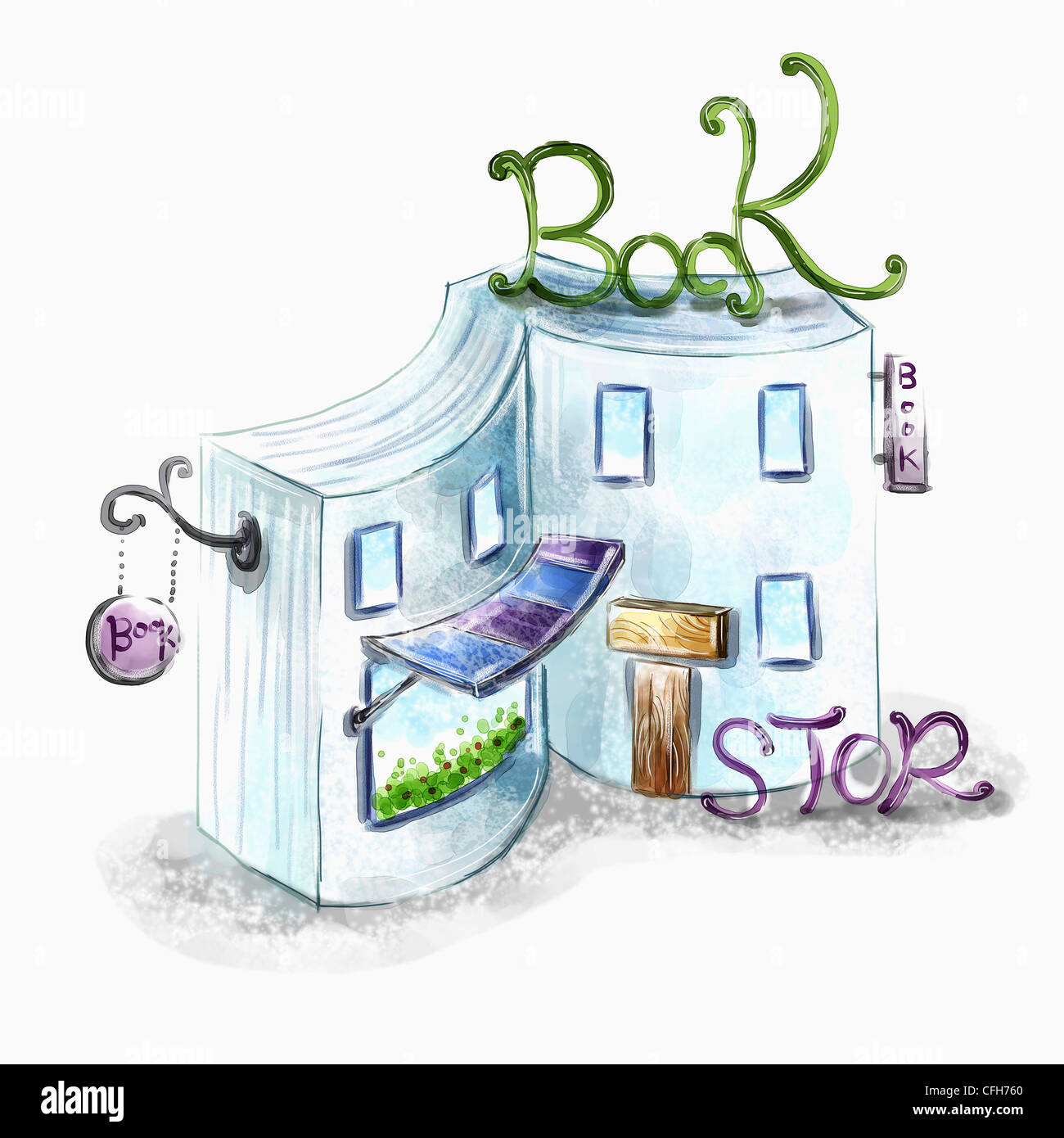 The book shaped bookstore with the green and purple structure Stock ...