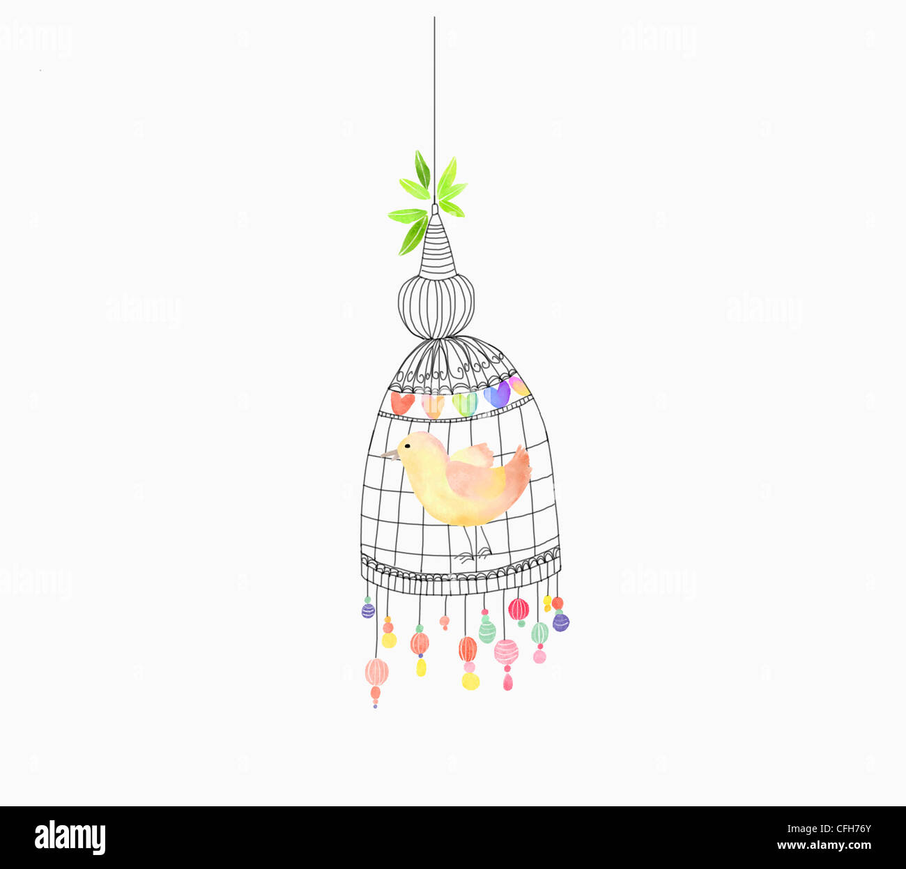 The yellow and pink bird in the colorful cage Stock Photo - Alamy