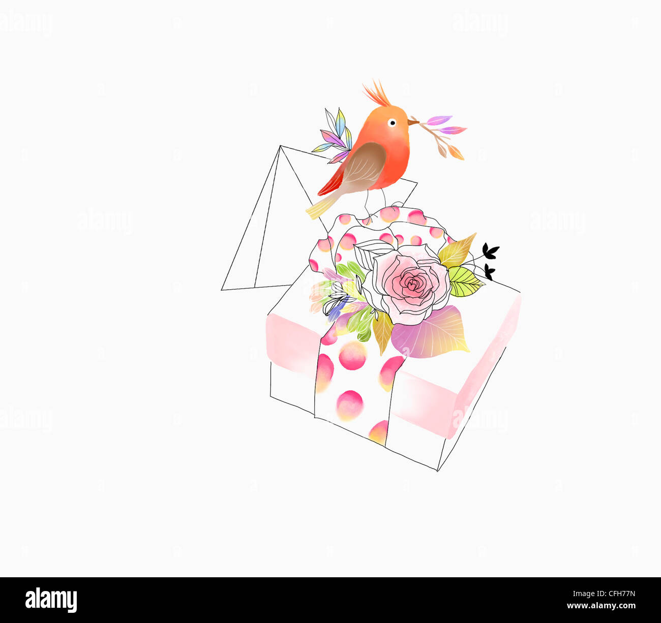 The orange bird on the pink gift box Stock Photo - Alamy