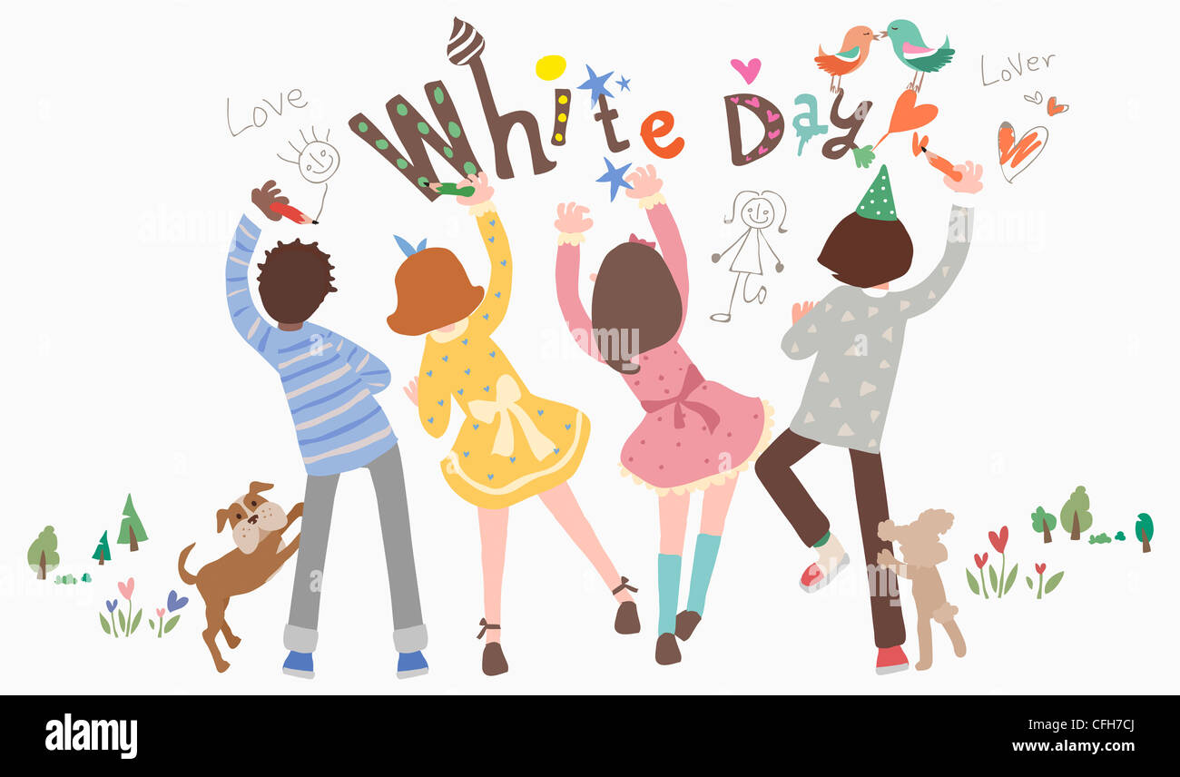 The men and women writing white day on the wall Stock Photo - Alamy