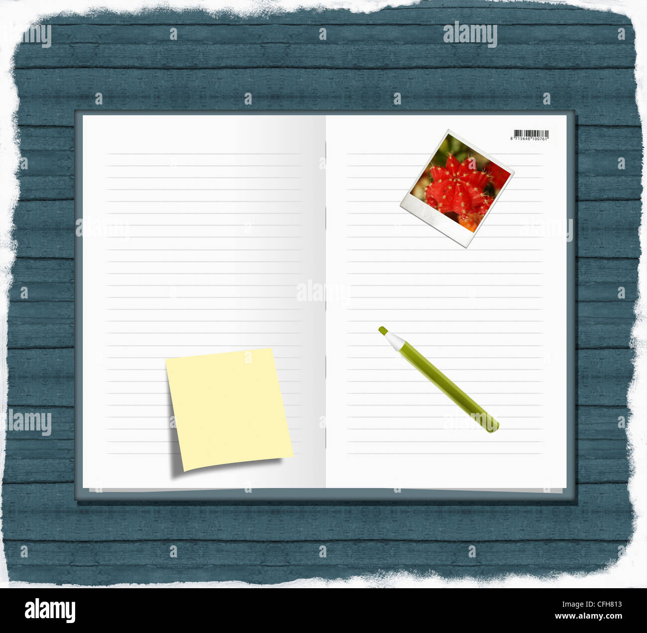 The picture, green pencil, and sticky note on the notebook Stock Photo ...