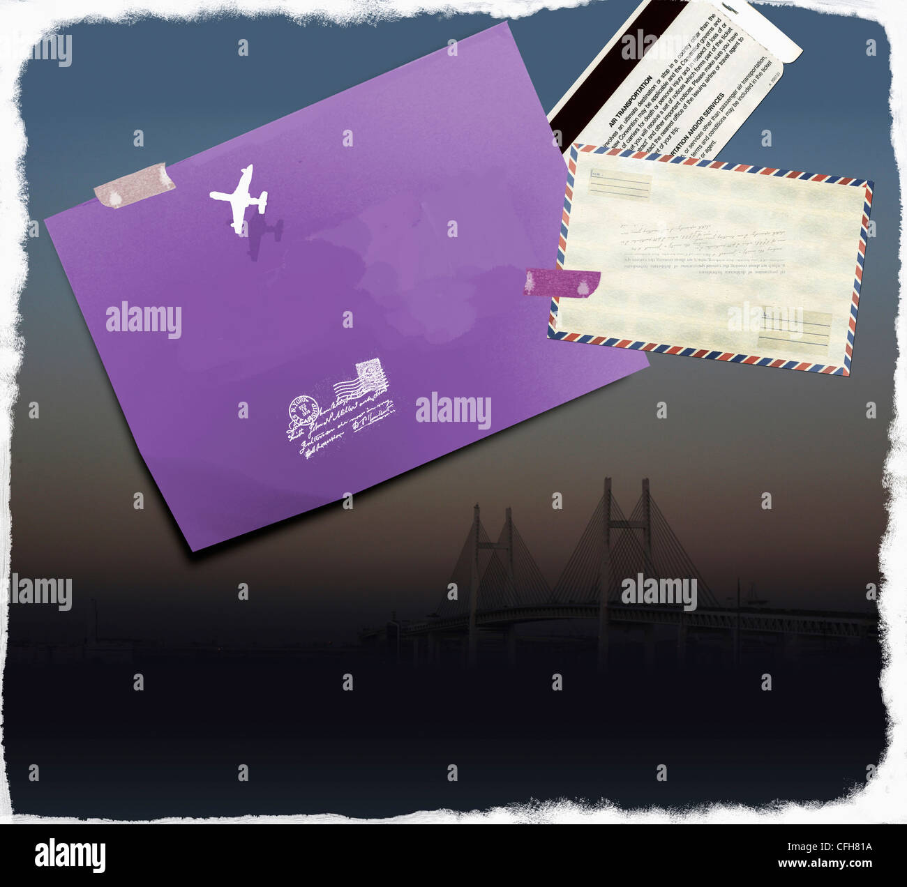 The post card, envelope, and pass with night view background Stock ...