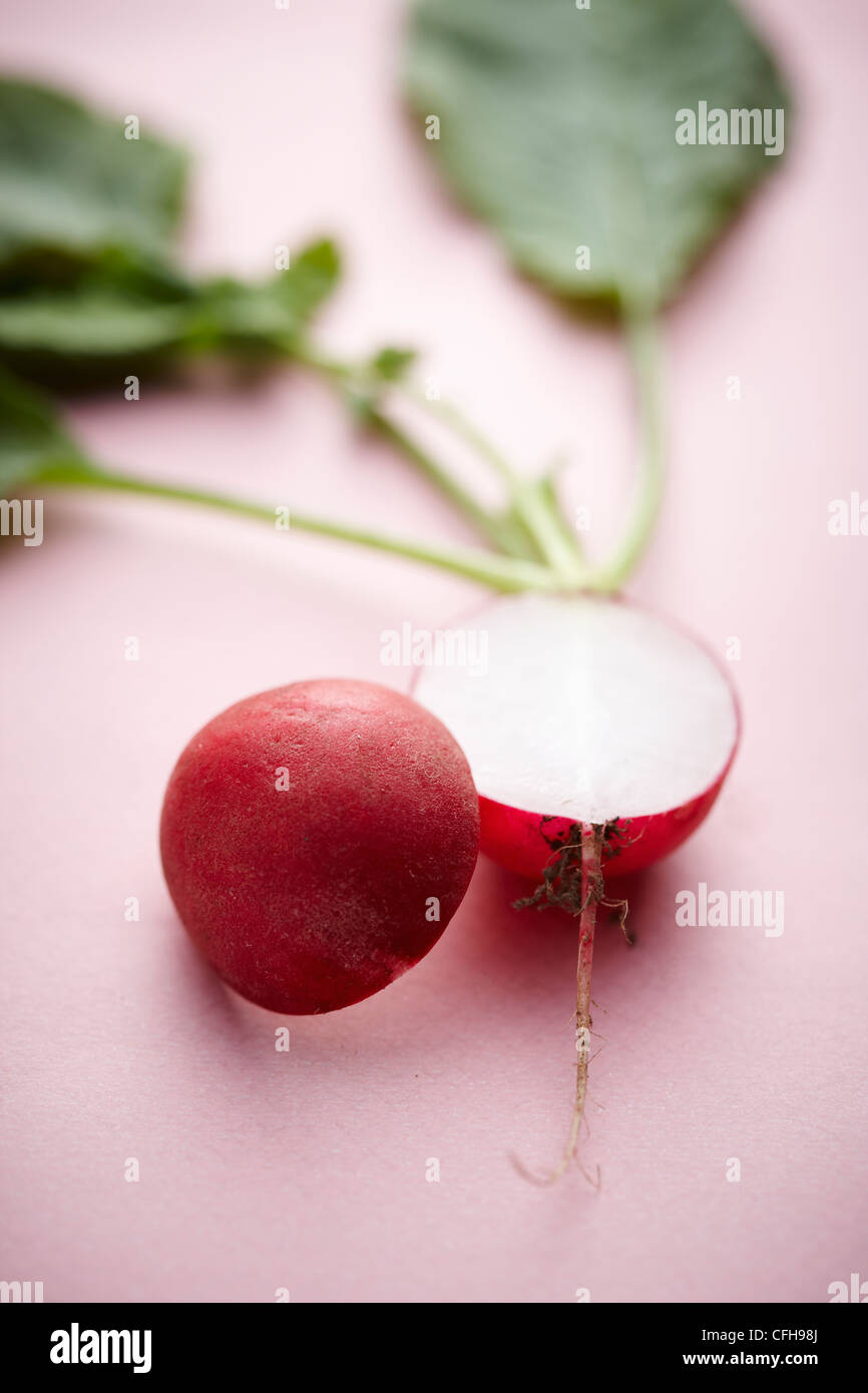 The red turnip in half and green leaves with the pink background Stock ...