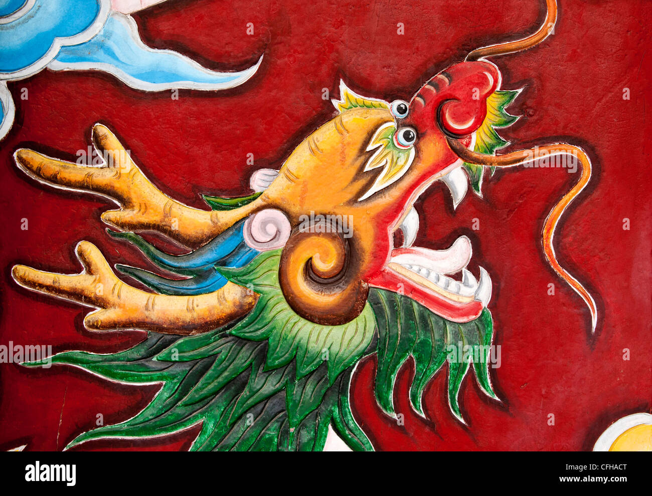 Painted dragon on an entrance door to the Quan Cong Pagoda, also known ...