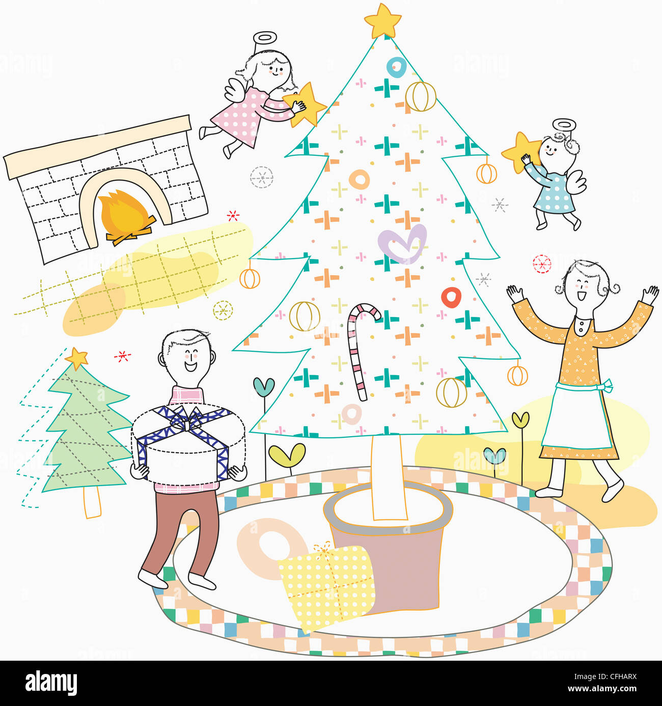 The couple with the Christmas tree and the angels Stock Photo - Alamy