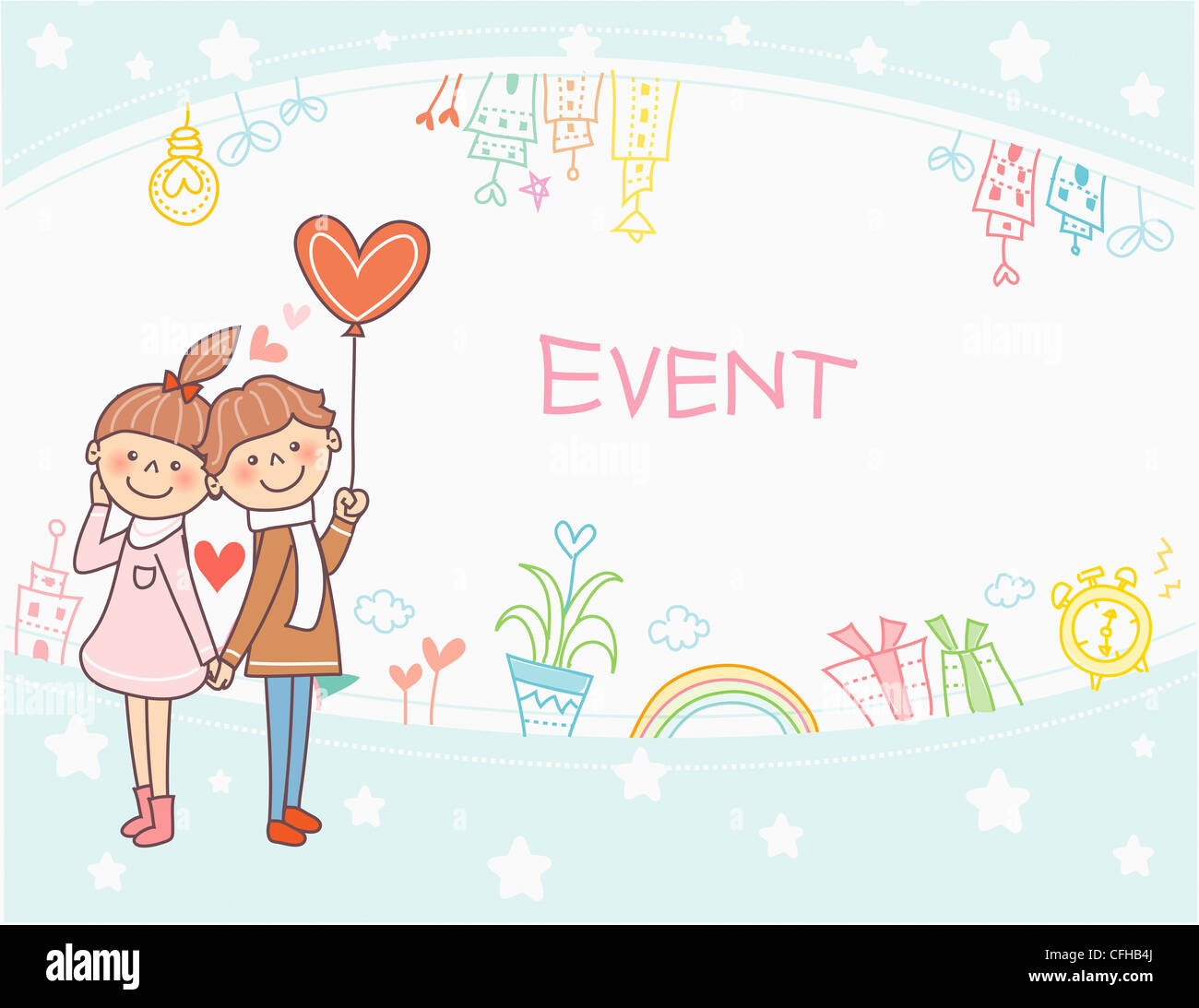 The boy and girl holding hands and balloon with event notice Stock ...