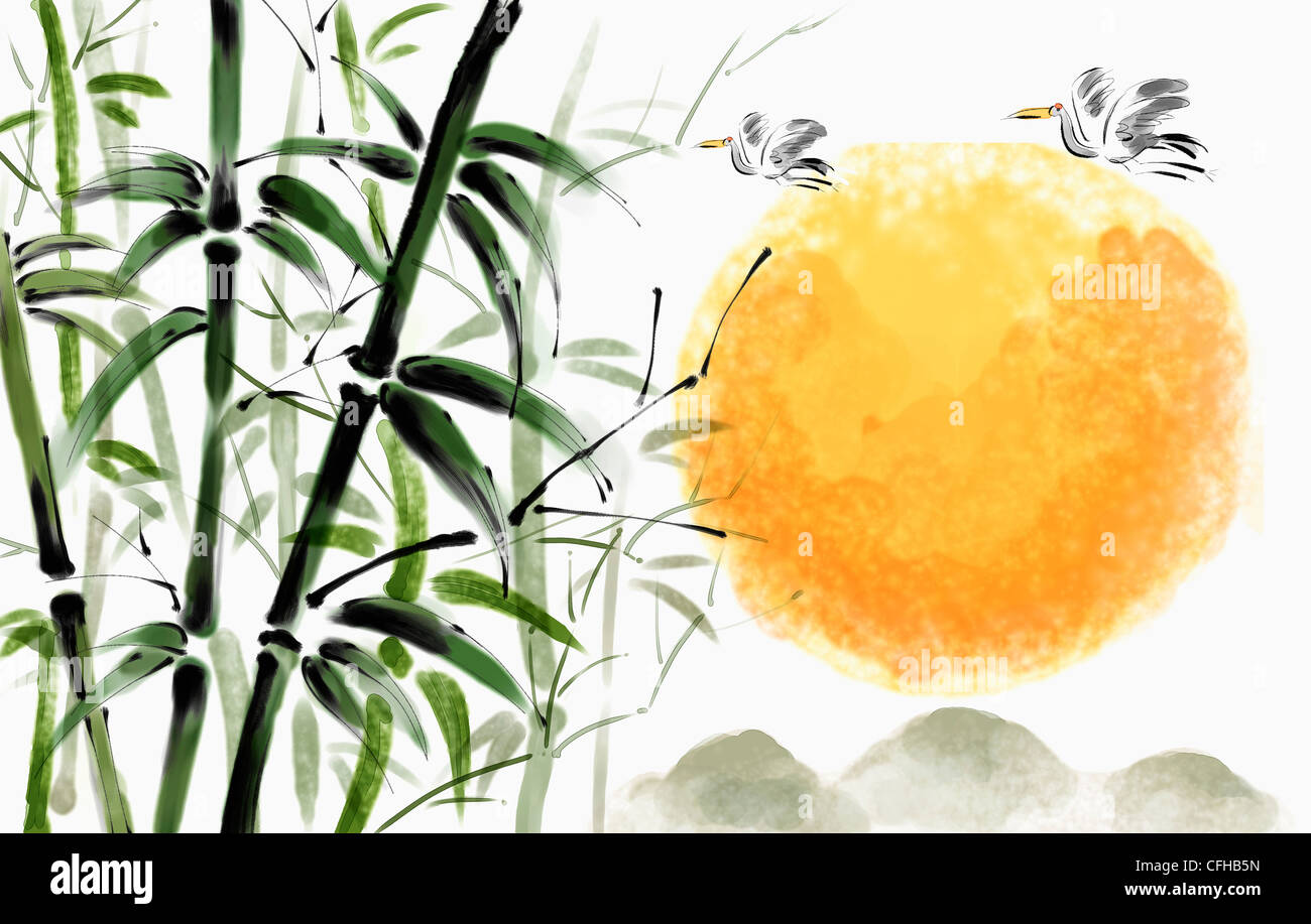 The bamboo and the crane over the full moon Stock Photo - Alamy