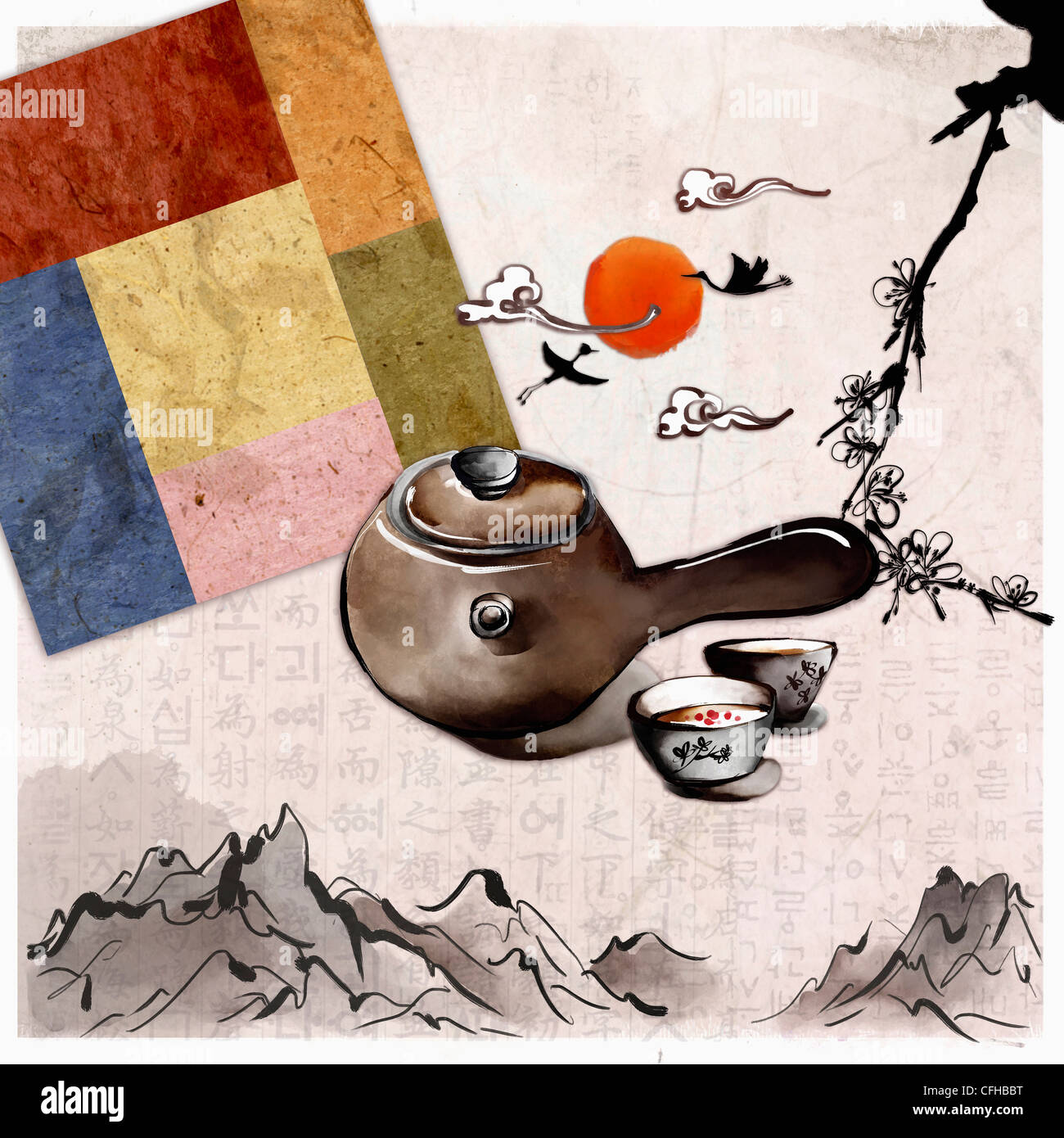 The tea pot and cup with traditional pattern and landscape around Stock ...