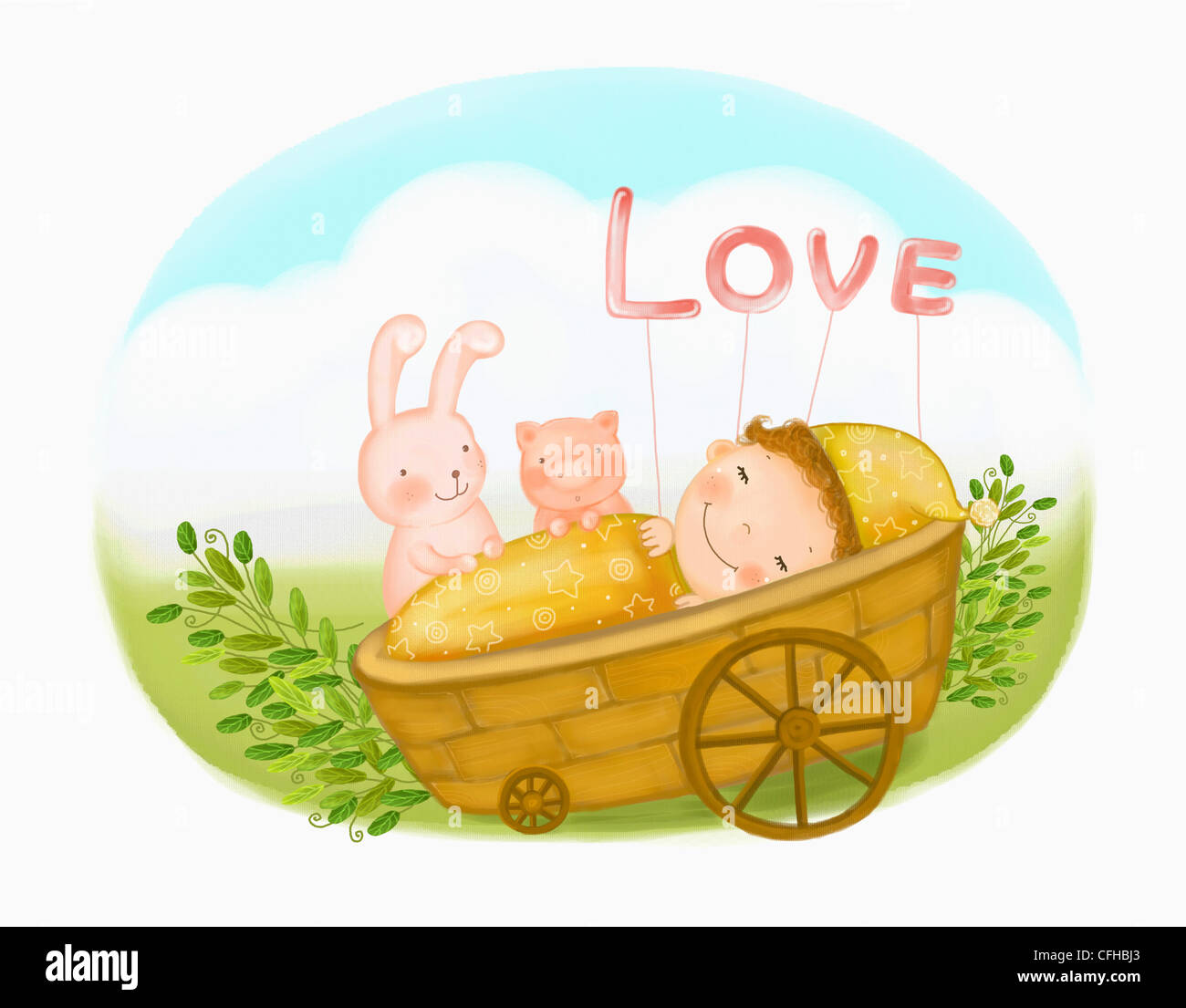 The sleeping baby with rabbit and pig around Stock Photo - Alamy
