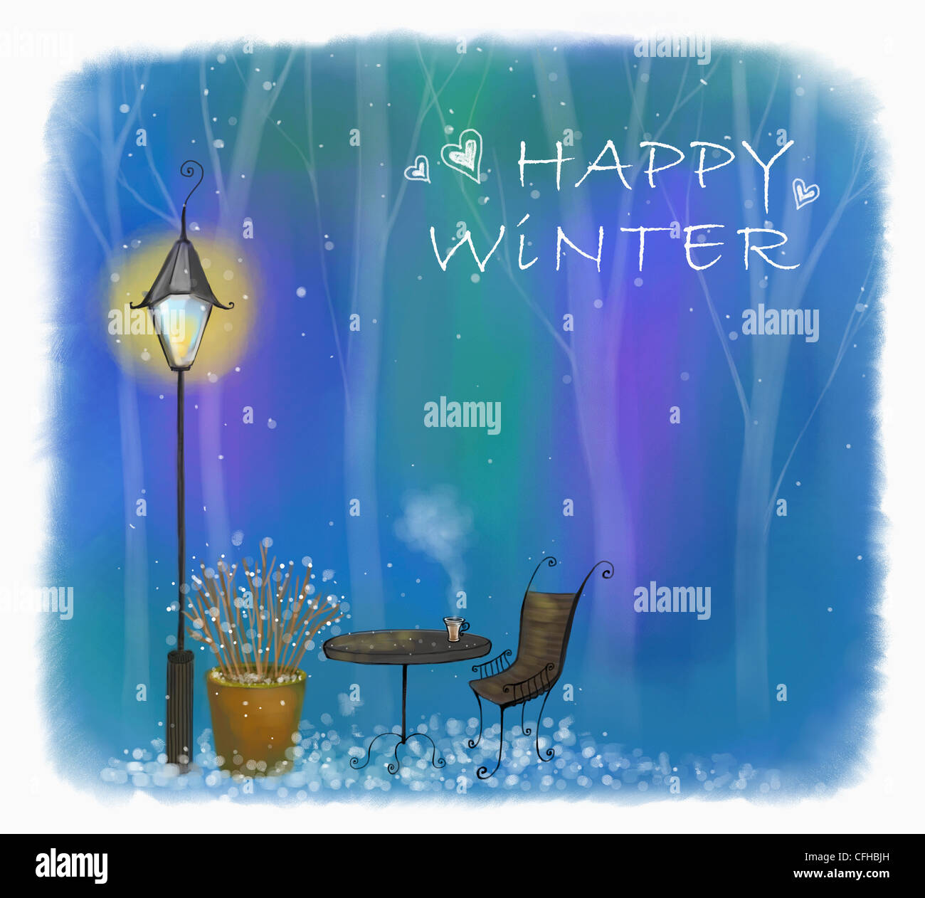 The 'Happy winter' with the table and street light Stock Photo - Alamy