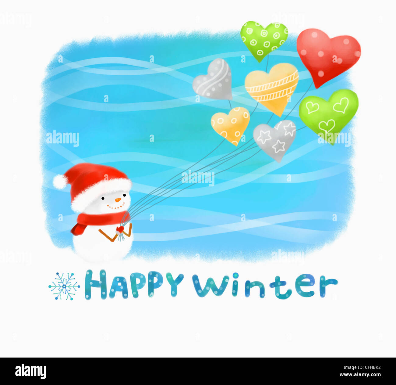 The 'Happy winter' with the snowman holding heart balloons Stock Photo ...