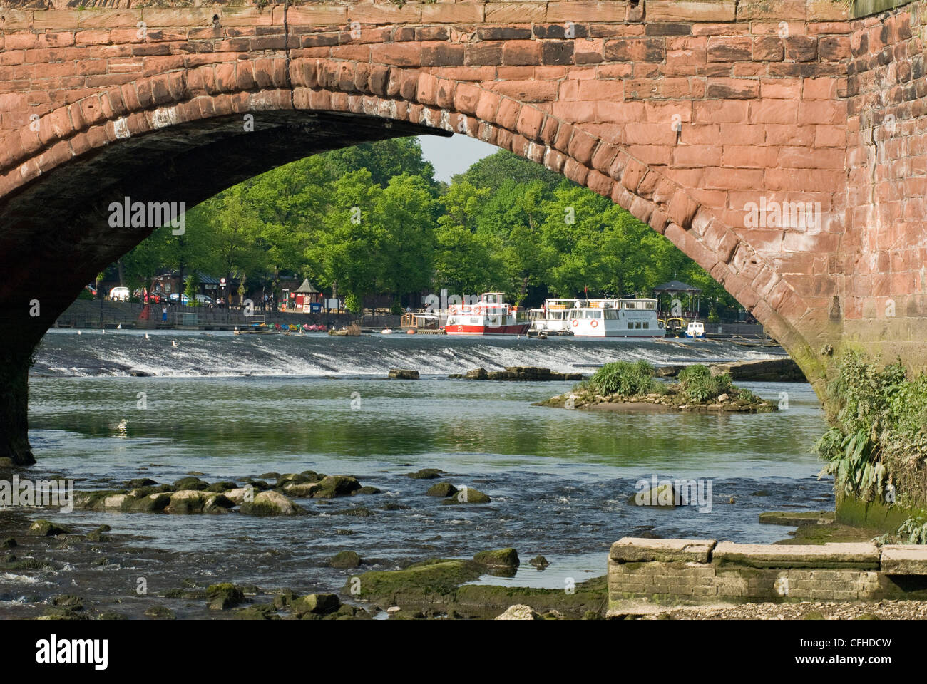 River Dee at Chester showing the old dee bridge looking through the ...