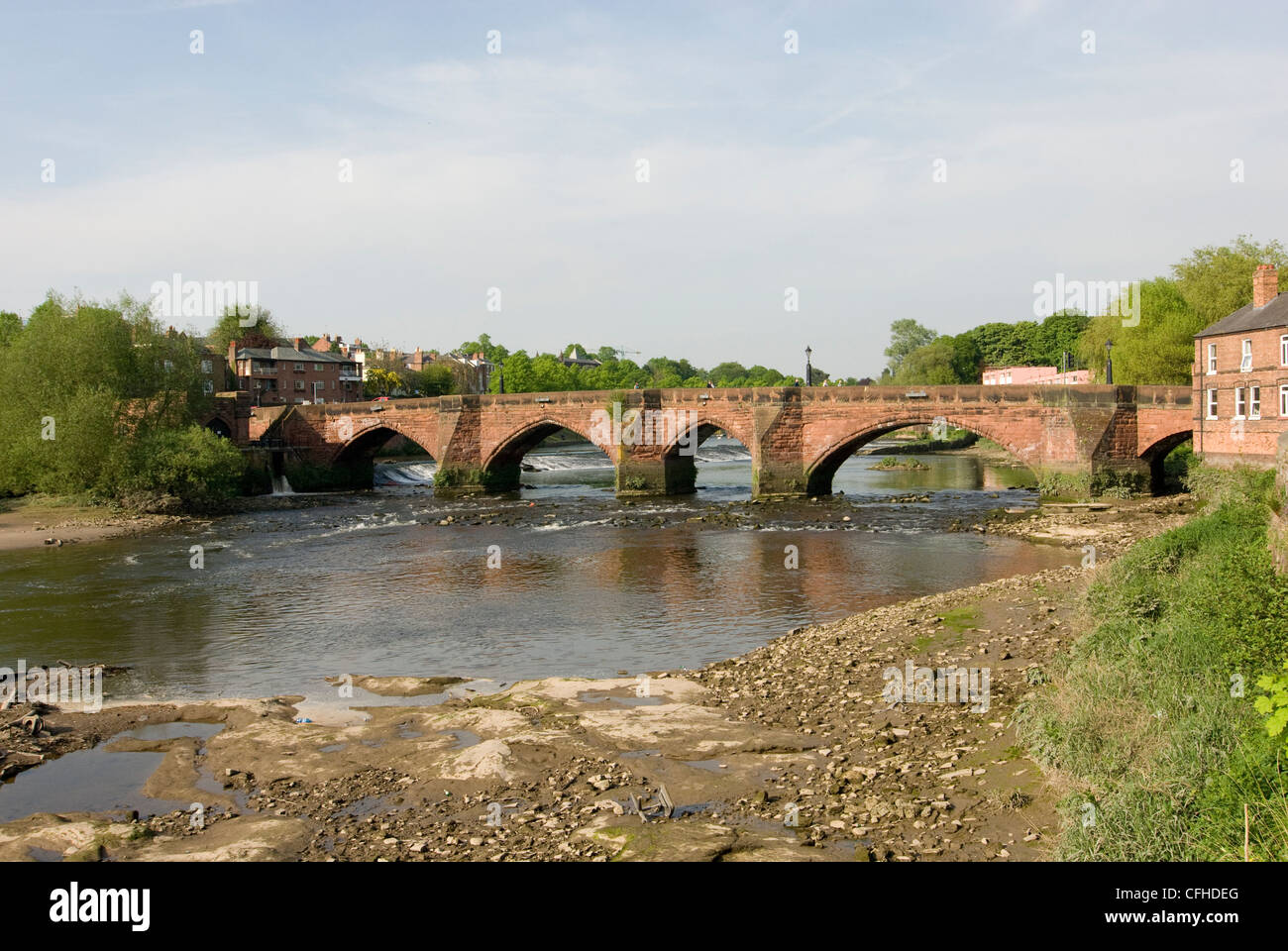 River Dee at Chester showing the Old Dee Bridge from Handbridge looking ...