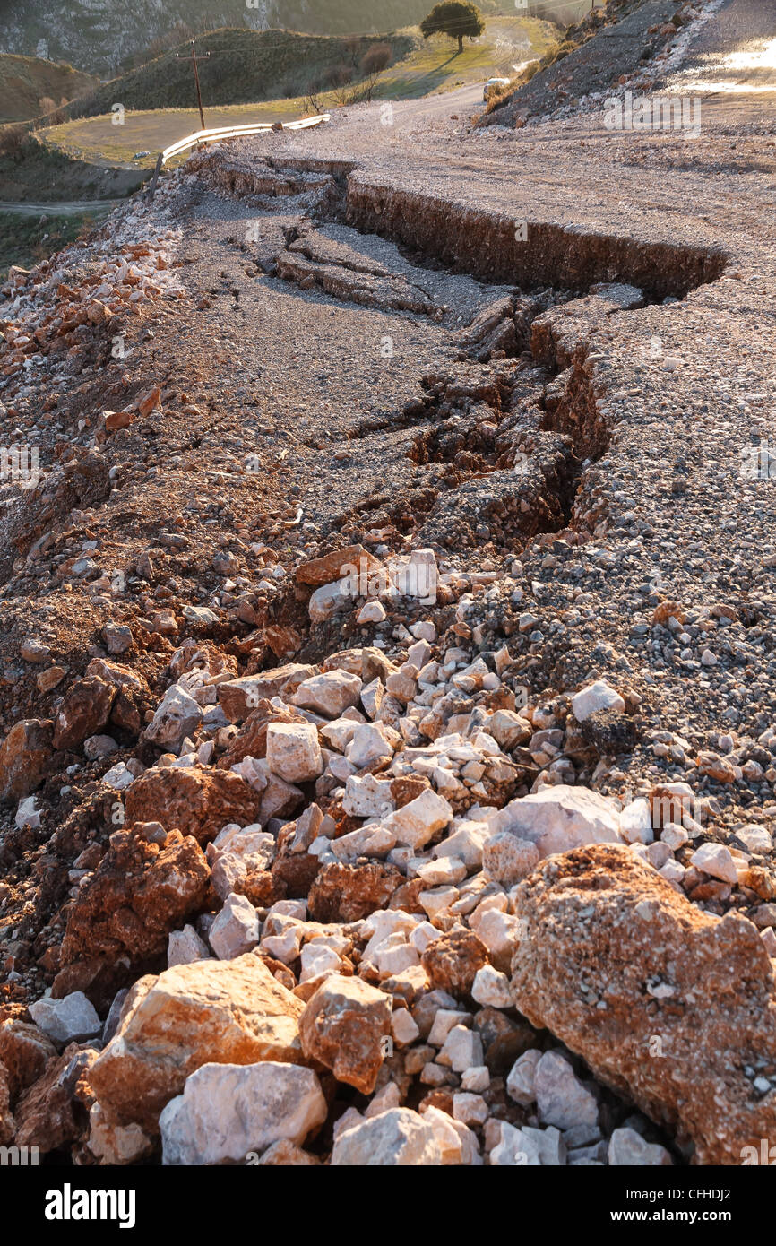 Broken road by an earthquake or landslide in countryside in Greece ...