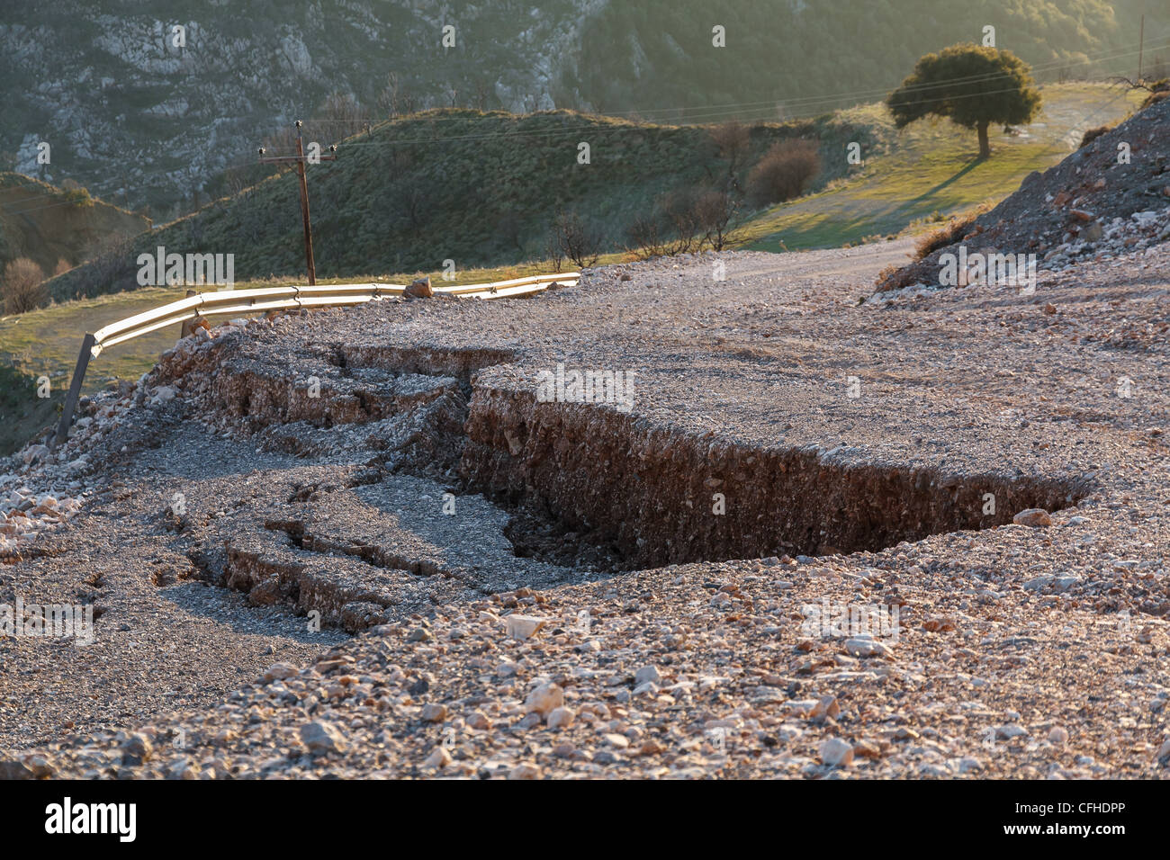Broken road by an earthquake or landslide in countryside in Greece ...