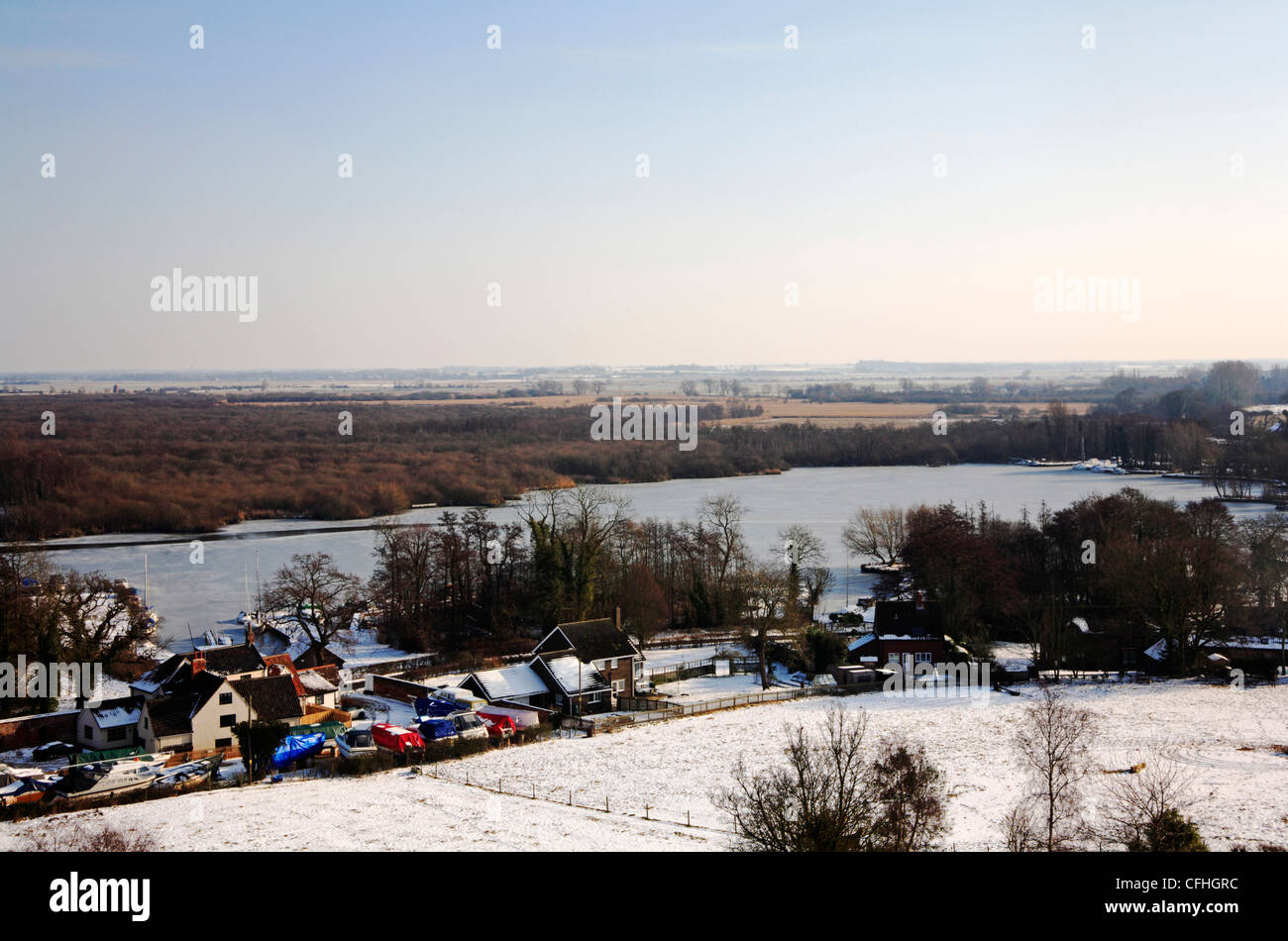 A winter landscape of Malthouse Broad viewed from the tower of Ranworth ...