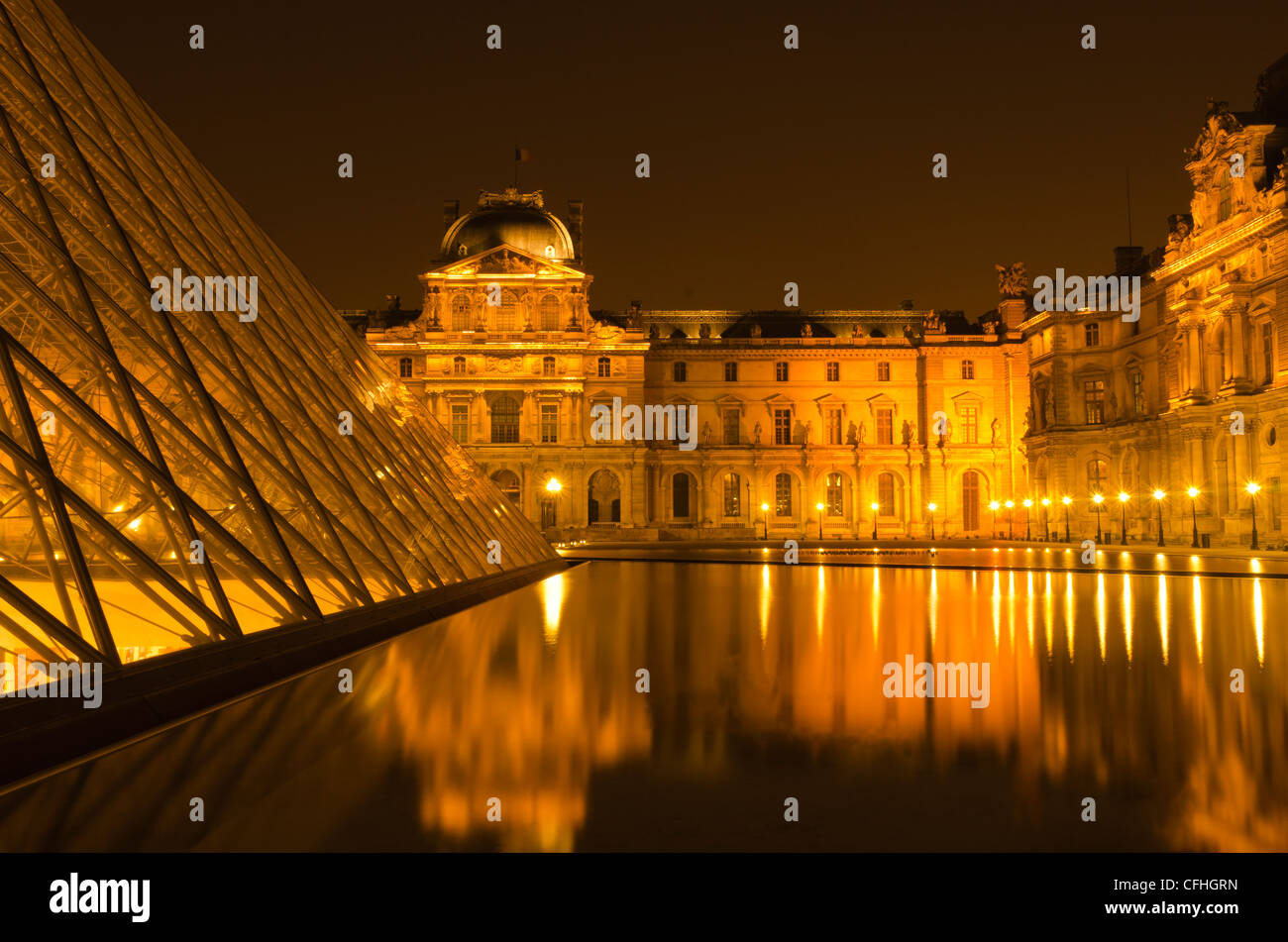 Louvre Palace and Pyramid at night, Louvre Museum, Paris, France Stock ...