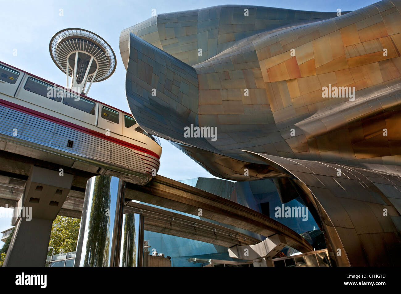 Monorail,Space Needle and the EMP (Experience Music Project) building ...