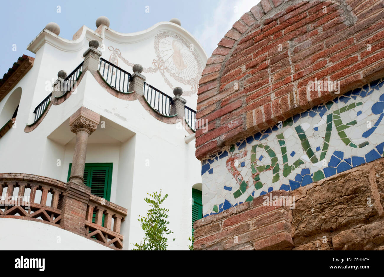 Tiled mosaic Gaudi buildings in Park Guell, Barcelona 'Salve' Stock ...
