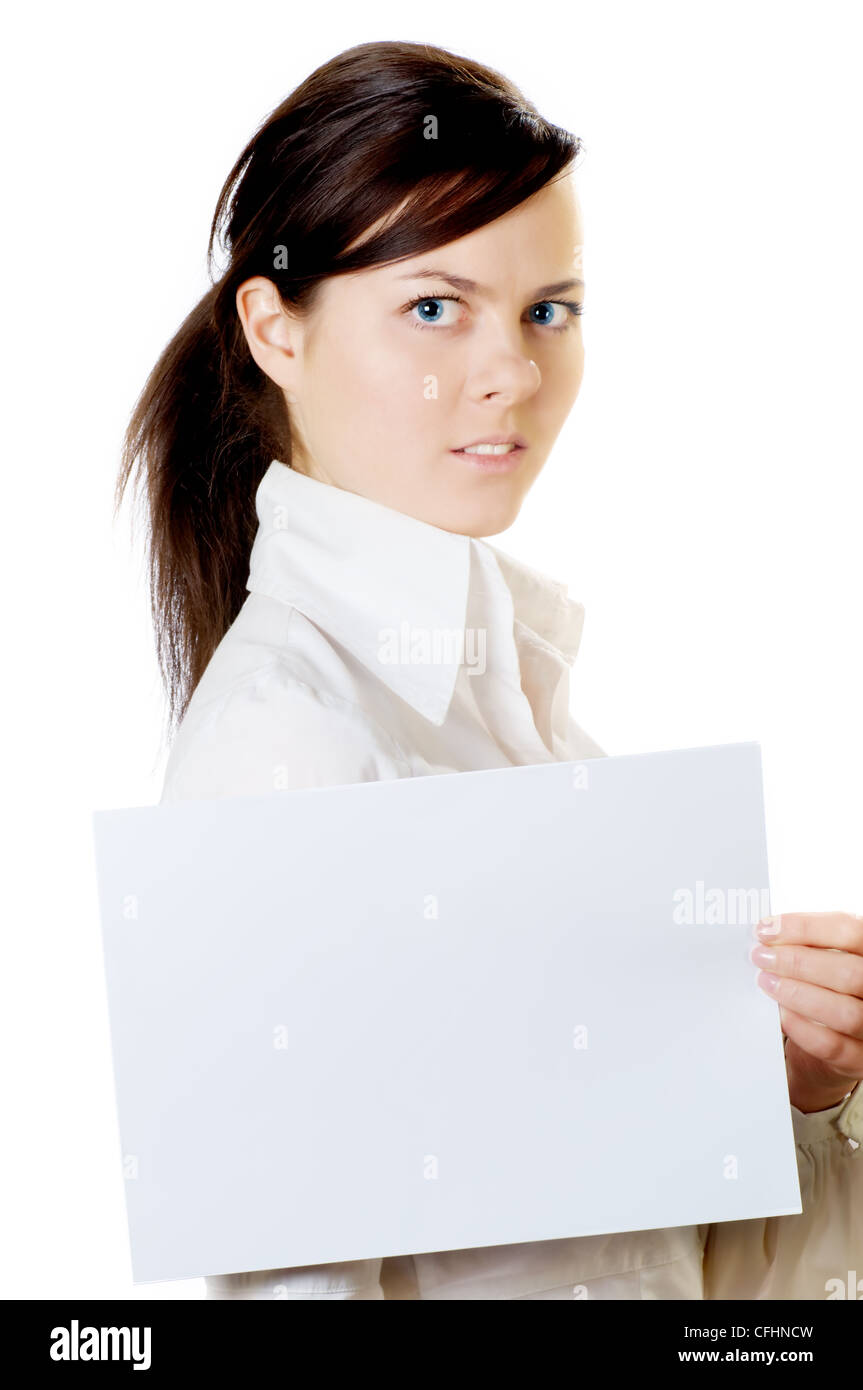 girl with a sheet of clean paper in hand isolated on white background ...