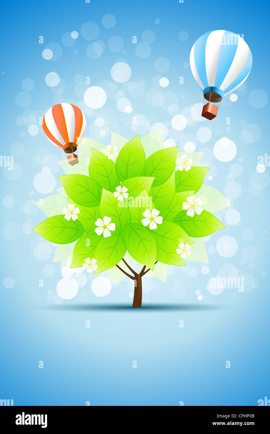 Blue Background with Green Tree and Hot Air Balloons and sparkles Stock ...