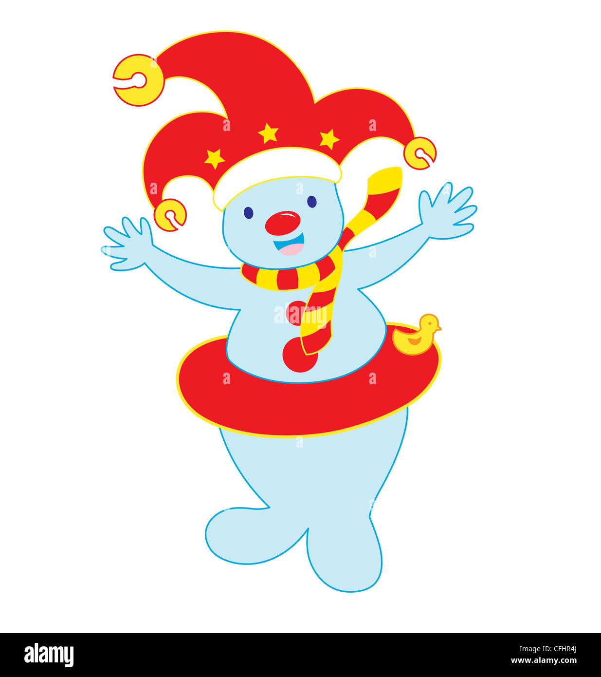 A snowman having fun, getting ready for swimming with a duck to ...