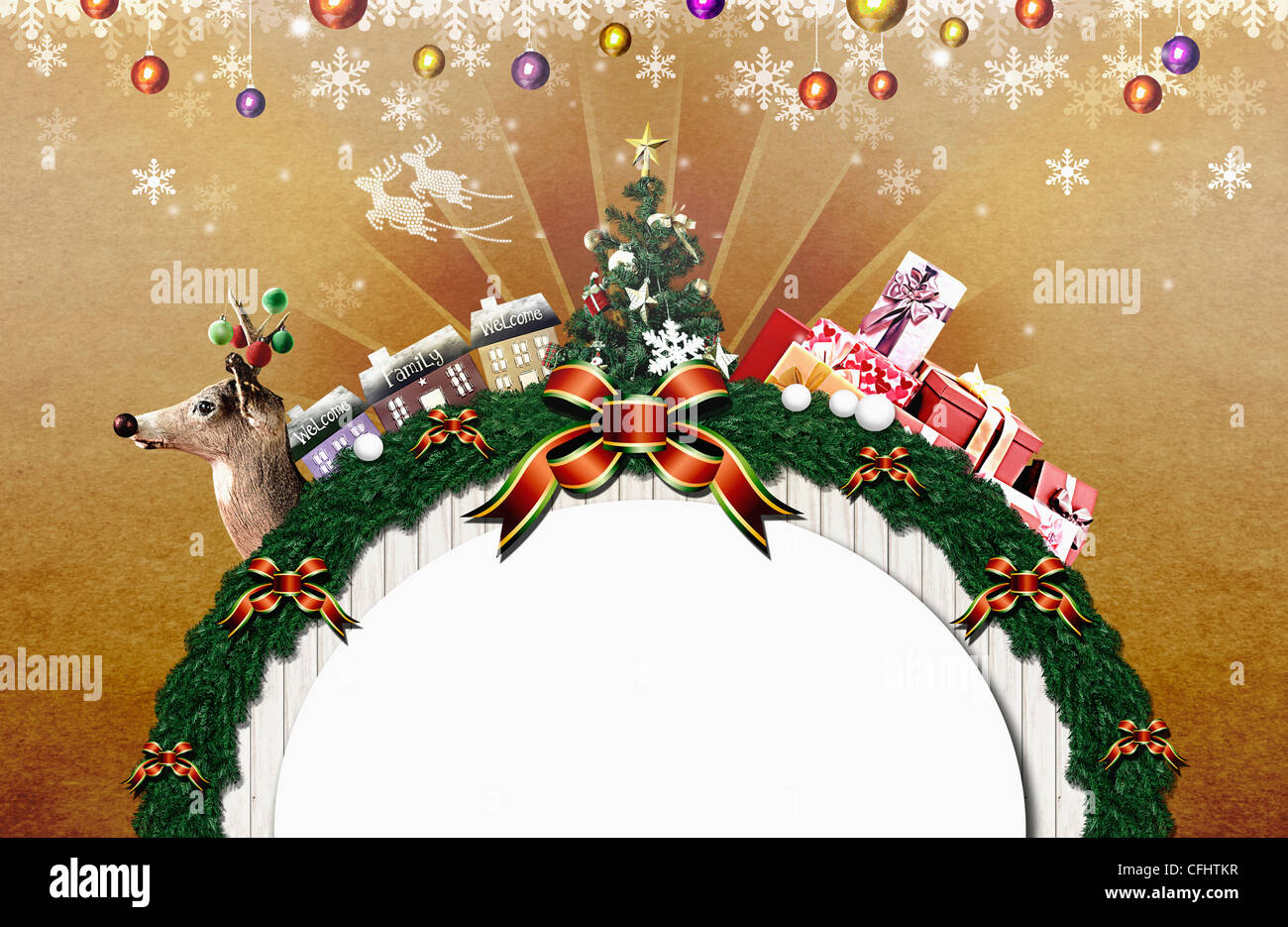 The circle tree frame with Christmas decorations around Stock Photo - Alamy