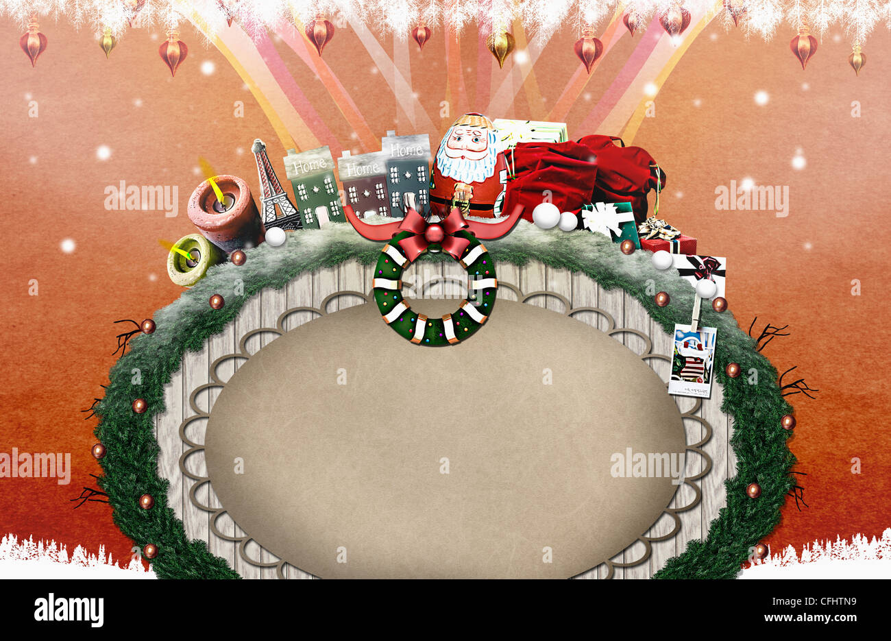 The circle tree frame with Christmas decorations around Stock Photo - Alamy