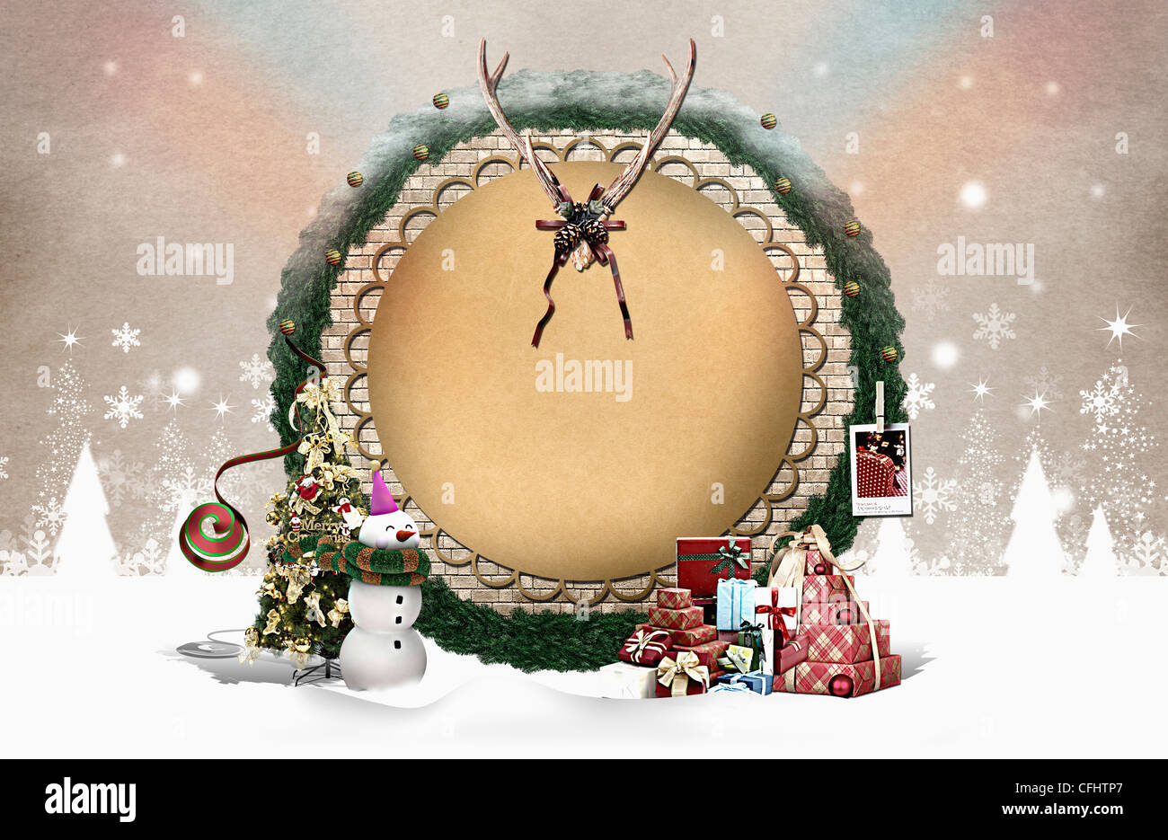 The circle tree frame with Christmas decorations around Stock Photo - Alamy
