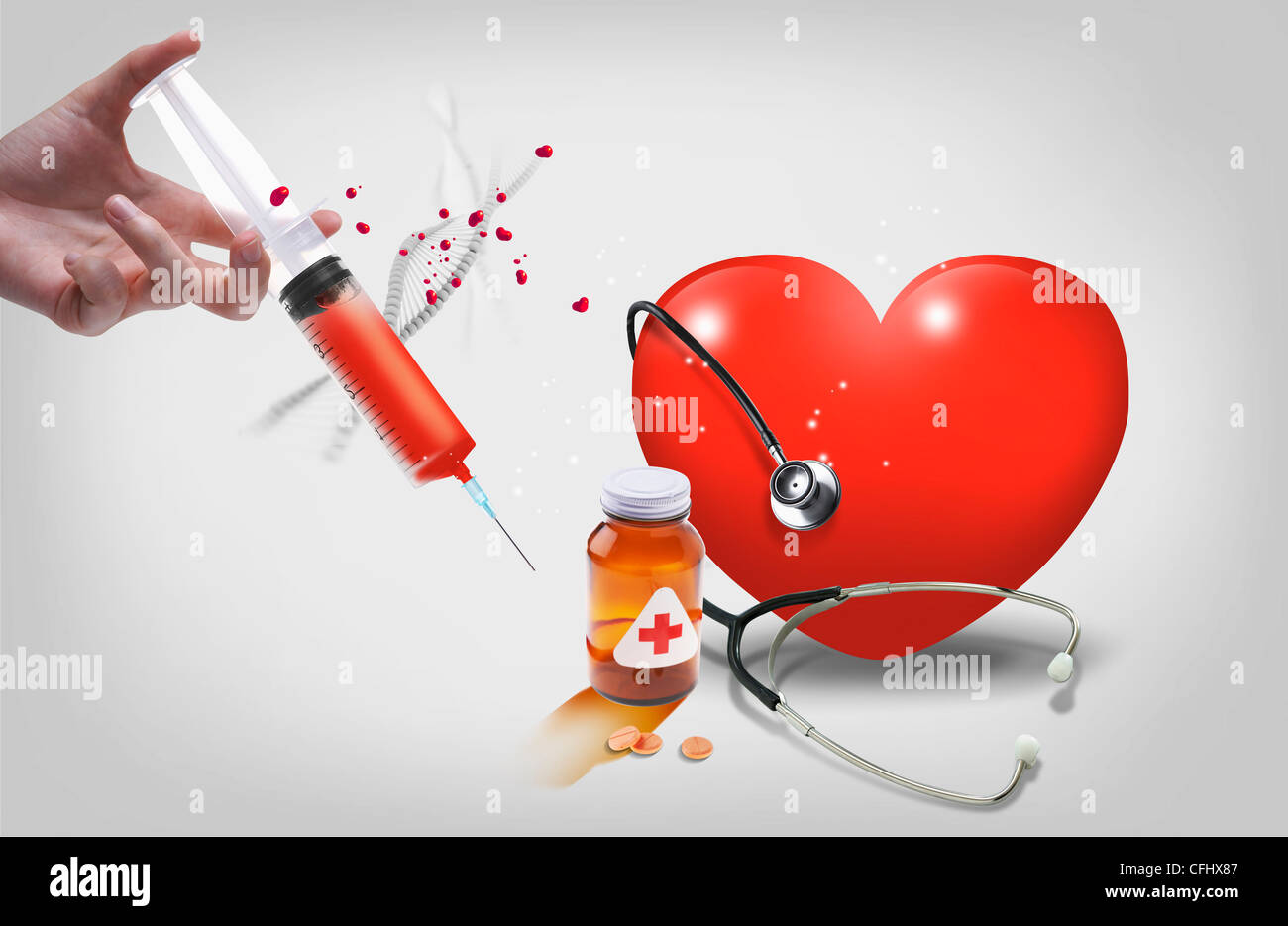 The pink heart and medical equipment with a hand holding syringe Stock ...
