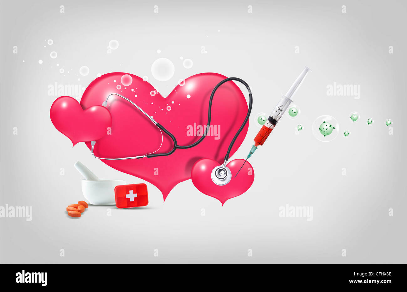 The pink heart with medical equipment around Stock Photo - Alamy