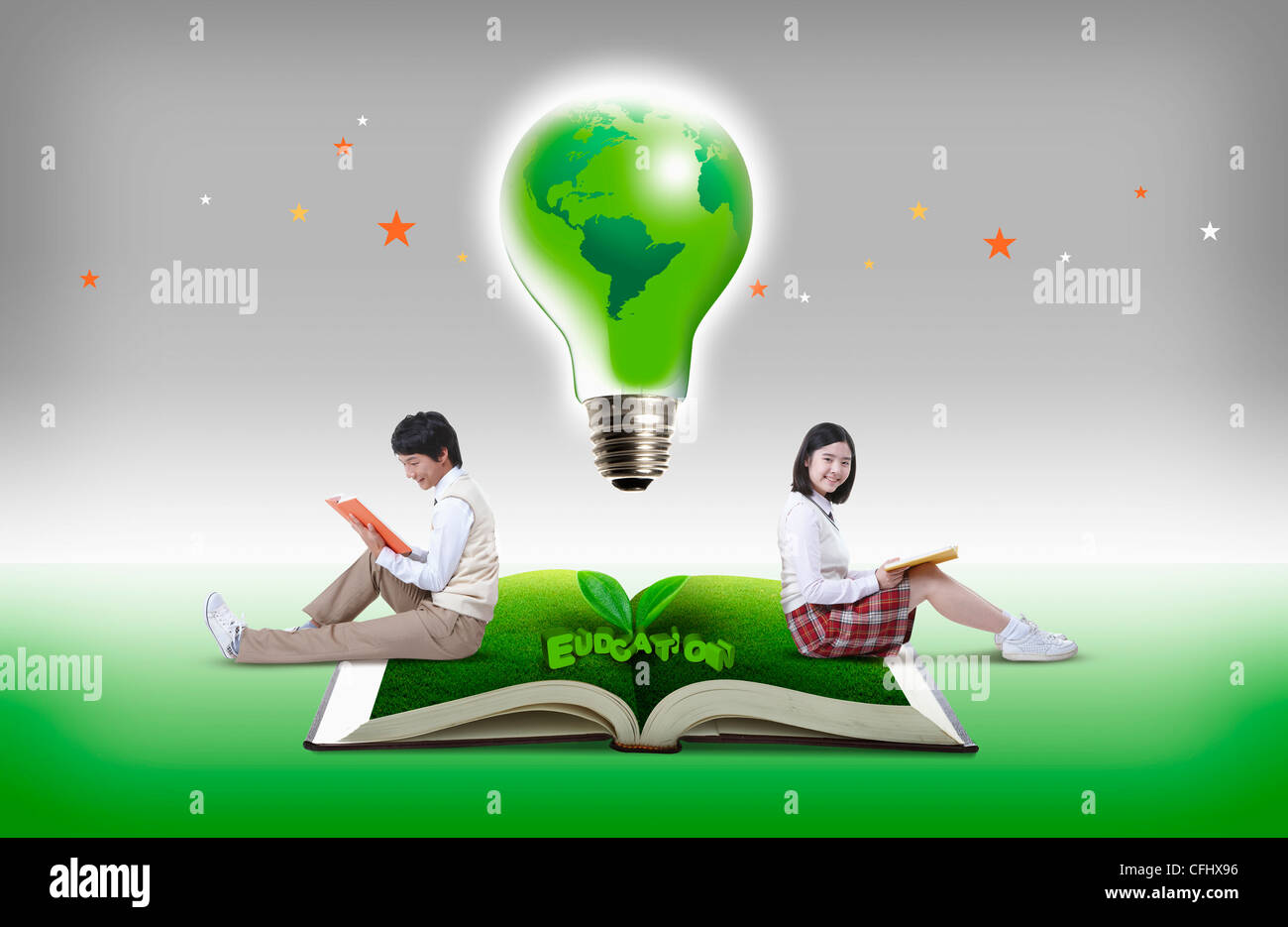 A boy and girl sitting on green book with education block and green ...