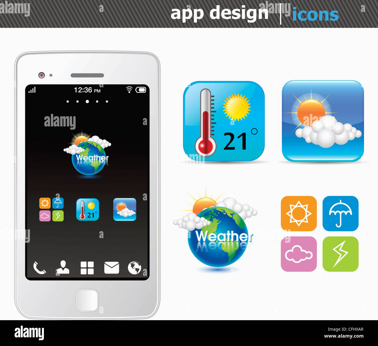 The white smart phone with the weather application icons Stock Photo ...