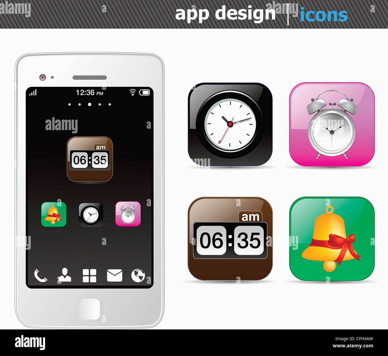 The white smart phone with the clock application icons Stock Photo - Alamy