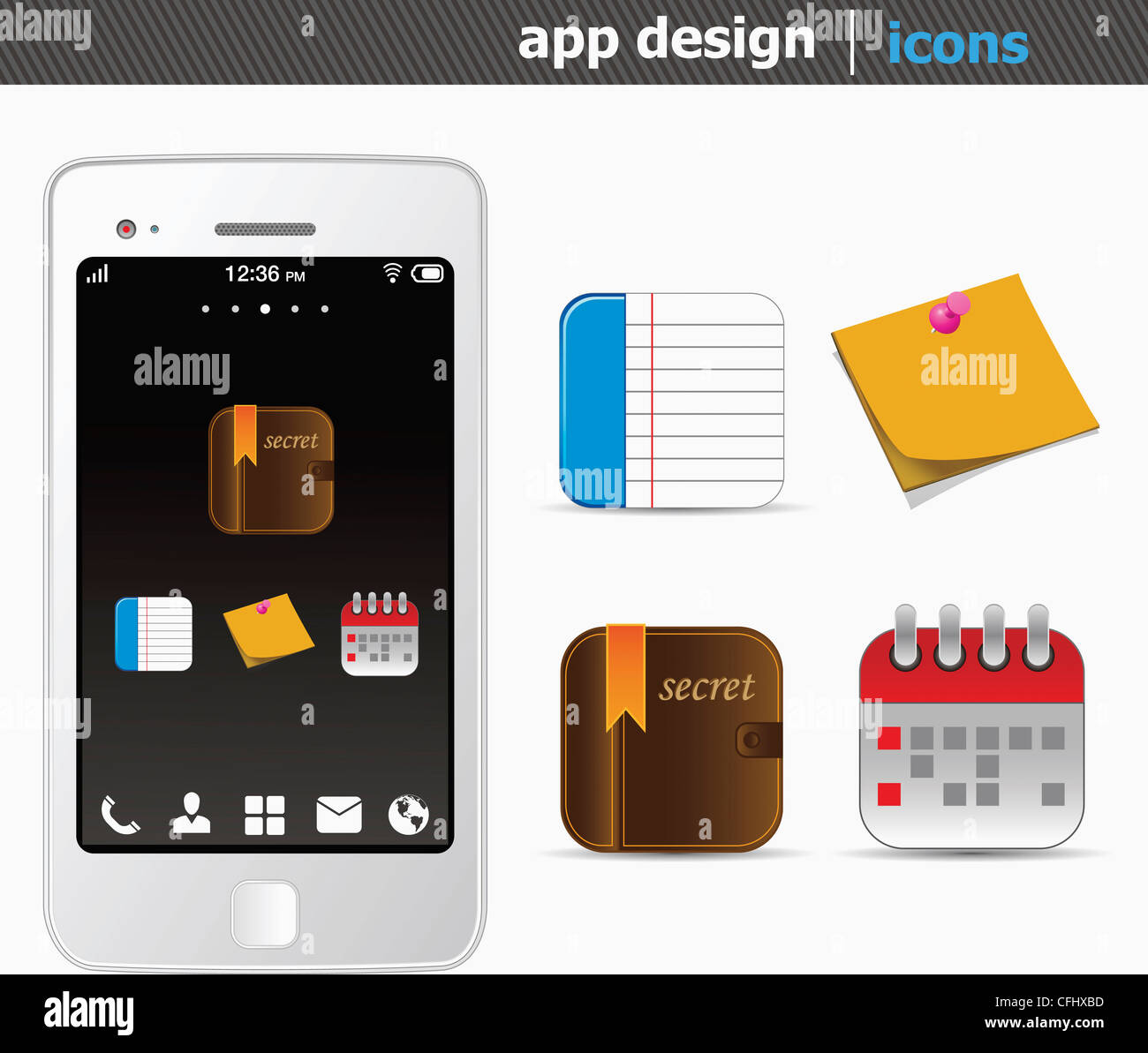 The white smart phone with the note application icons Stock Photo - Alamy