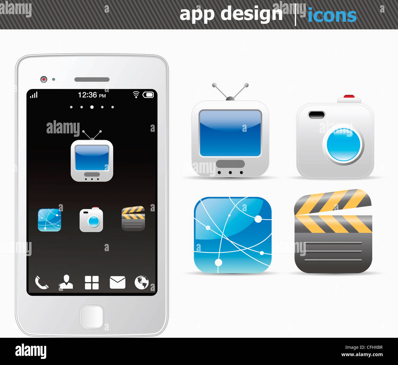 The white smart phone with the multimedia application icons Stock Photo ...