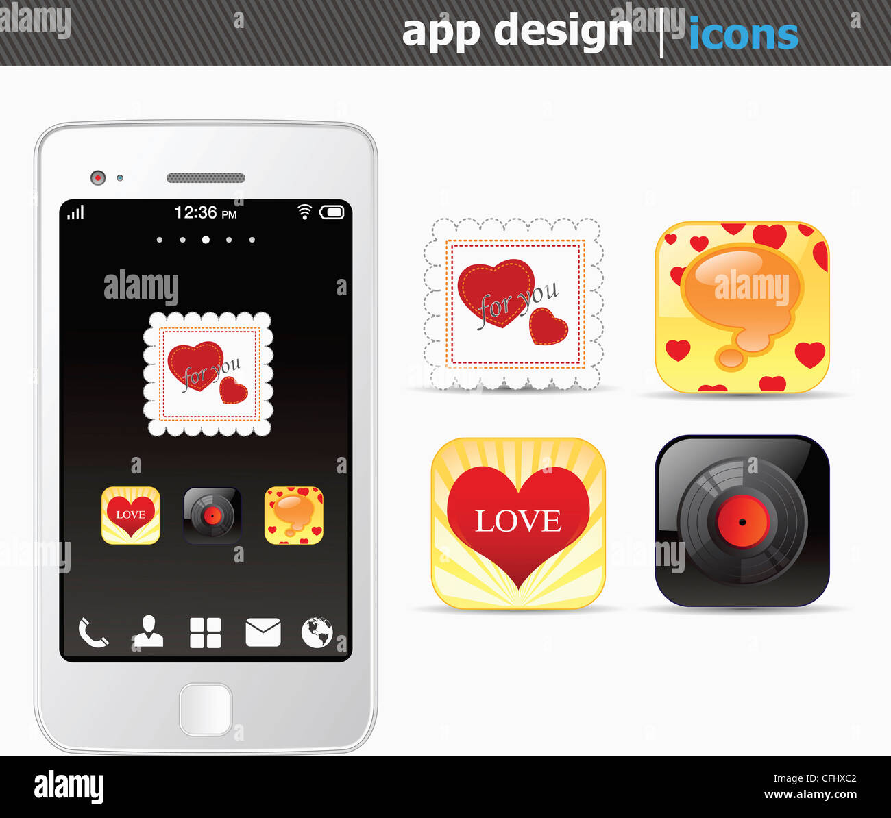 The white smart phone with the love application icons Stock Photo - Alamy