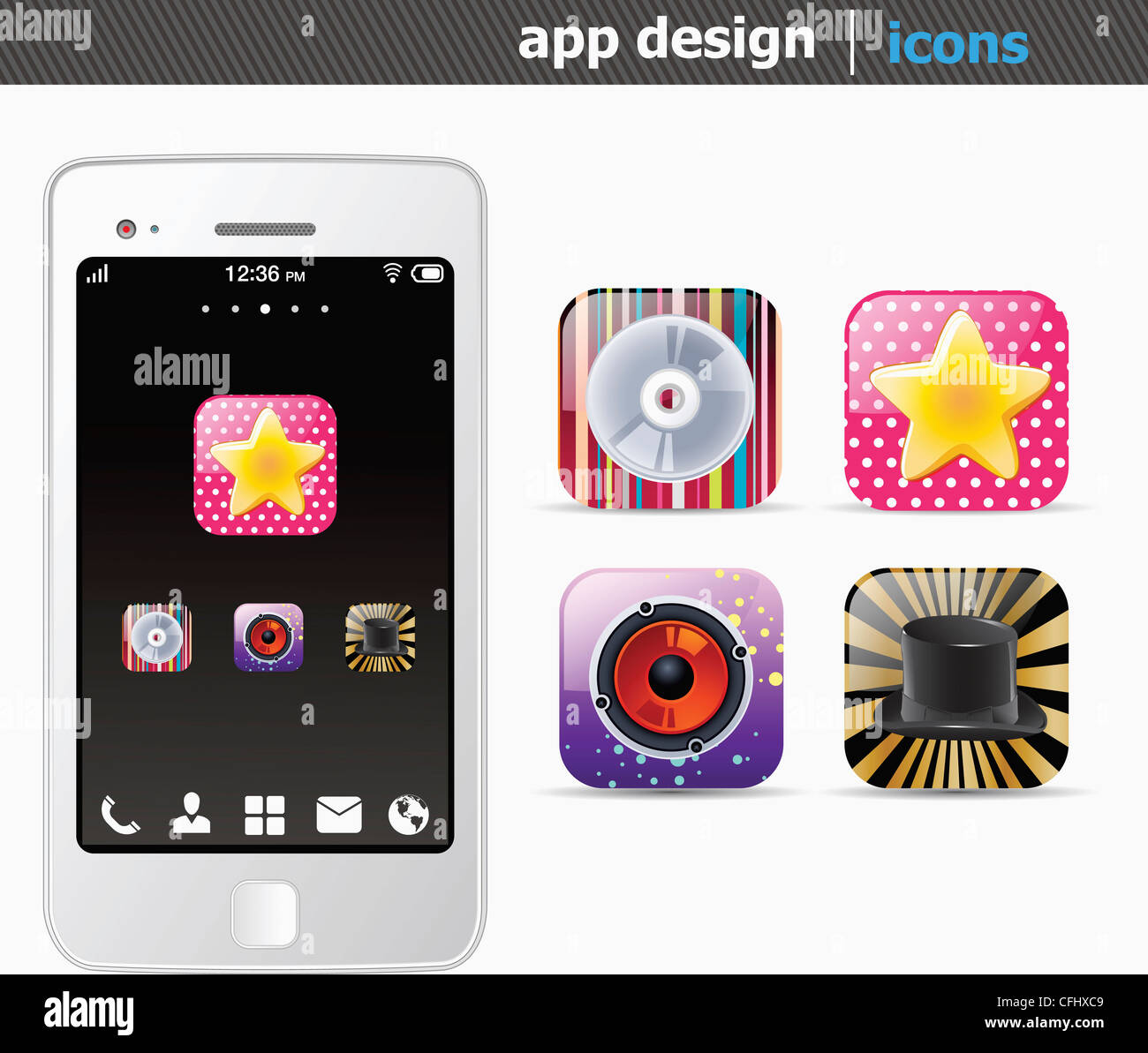 The white smart phone with the entertainment application icons Stock ...