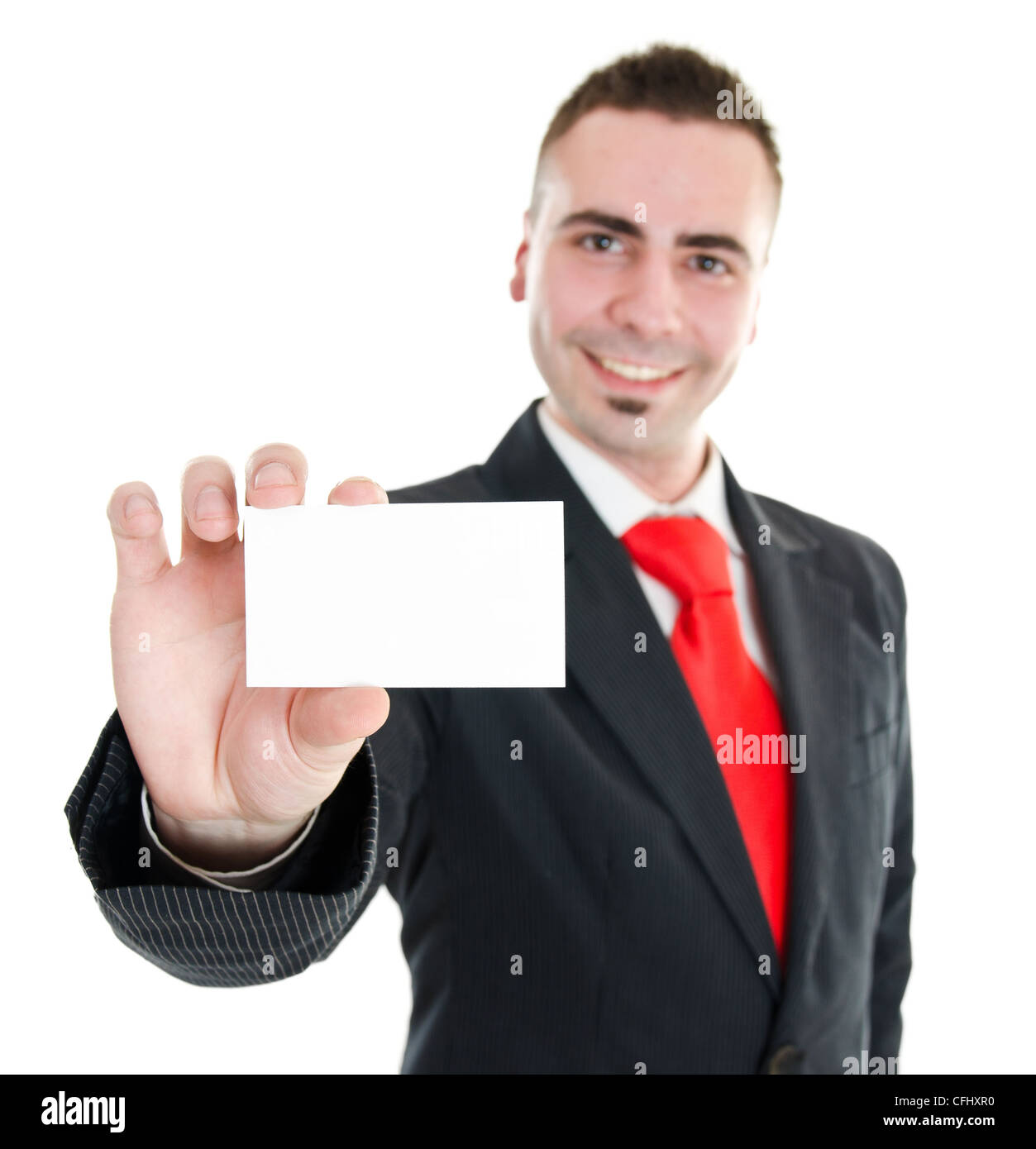Manager showing blank business card with room for text Stock Photo - Alamy