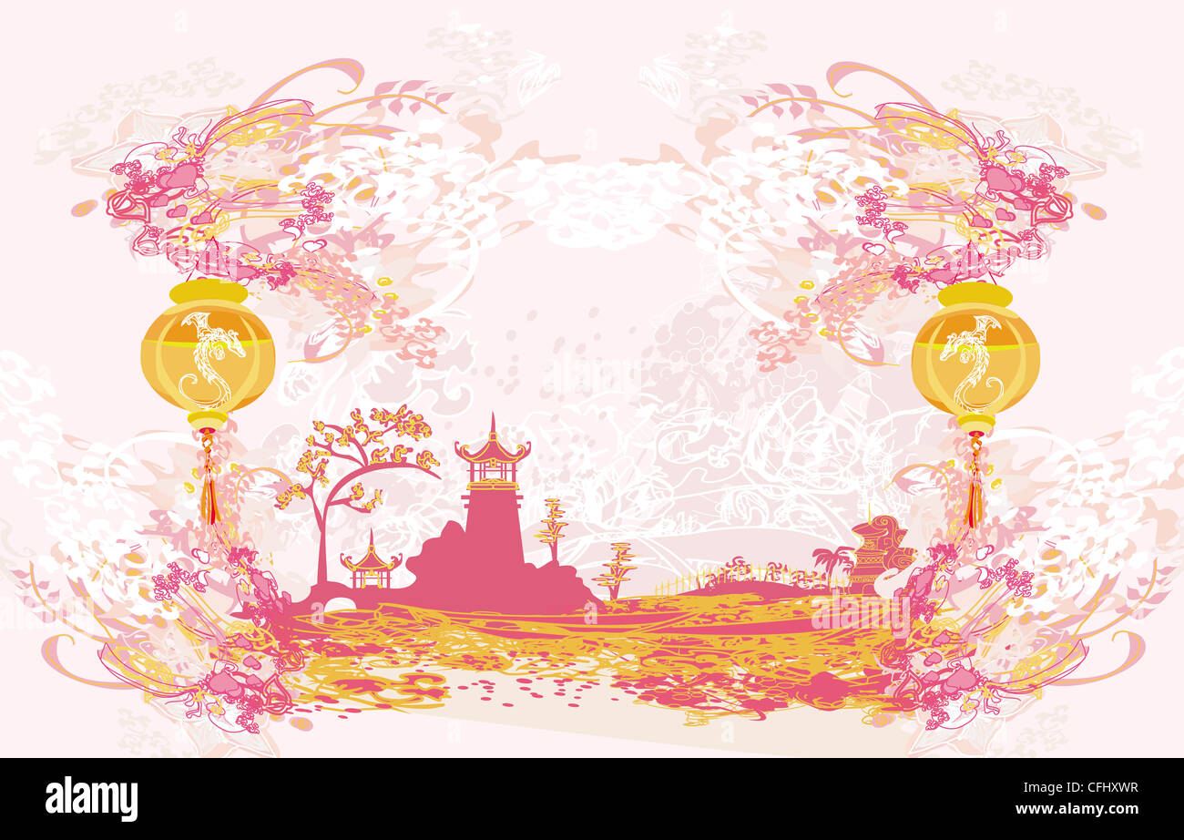 old paper with Asian Landscape and Chinese Lanterns - vintage japanese ...