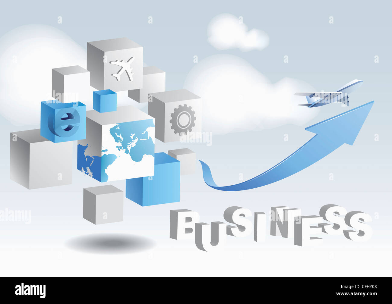 The internet, airplane, world map blocks with flying airplane and ...