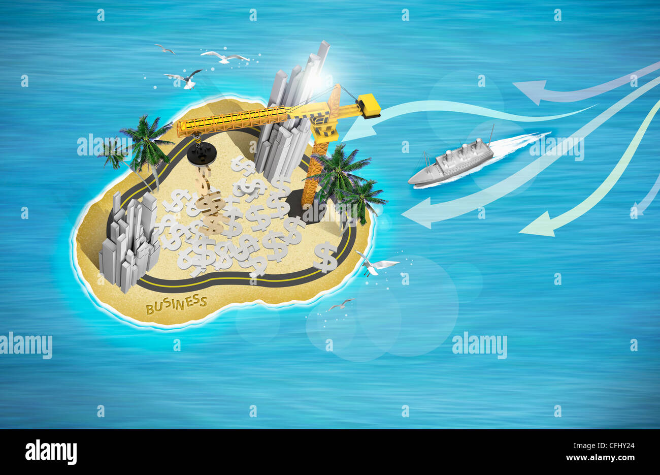 The money, crane, and building on the island with the ship and arrow ...