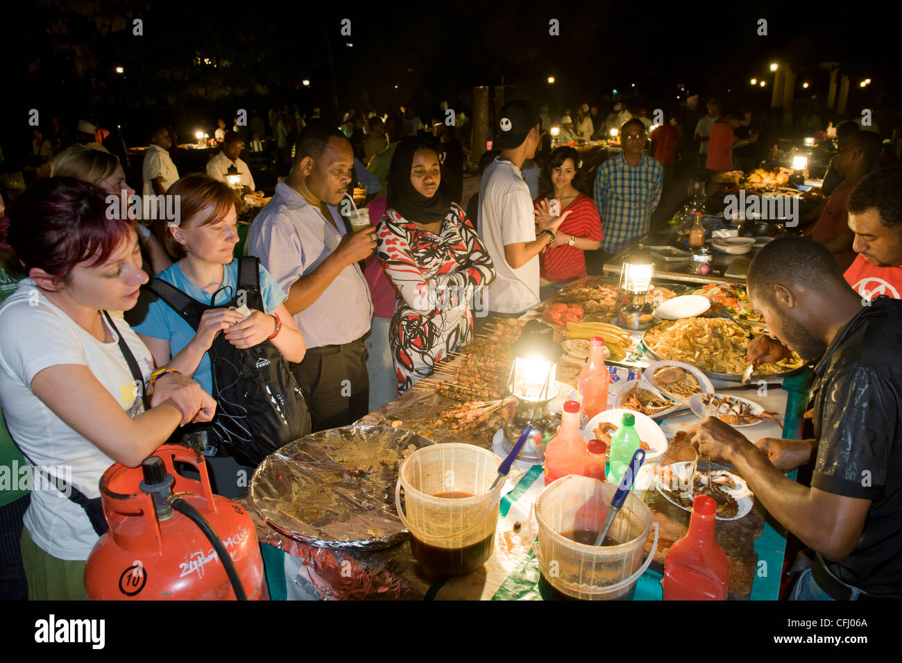 Stalls with cooked food at Forodhani Gardens Stone Town Zanzibar ...