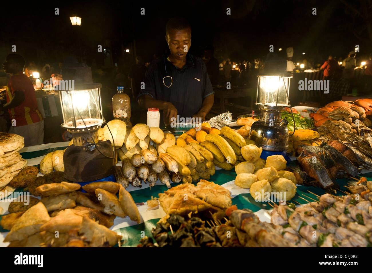 Stalls with cooked food at Forodhani Gardens Stone Town Zanzibar ...