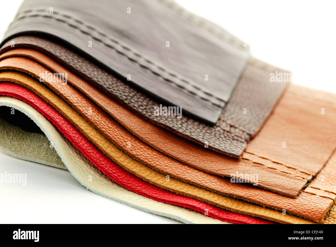 Natural leather upholstery samples with stitching in various colors ...