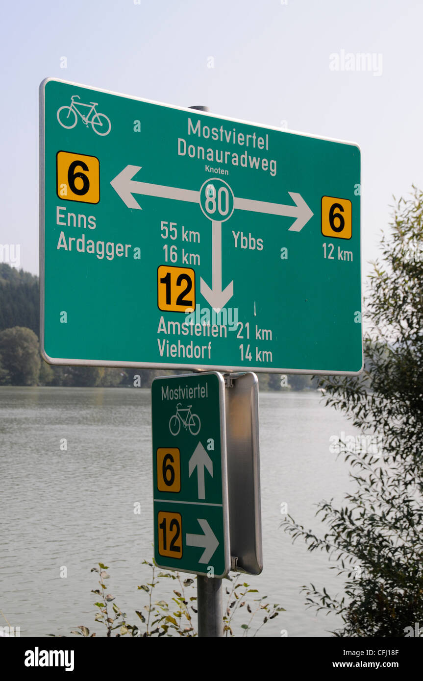 A Cycle sign along the River Danube cycle path in Austria Stock Photo ...