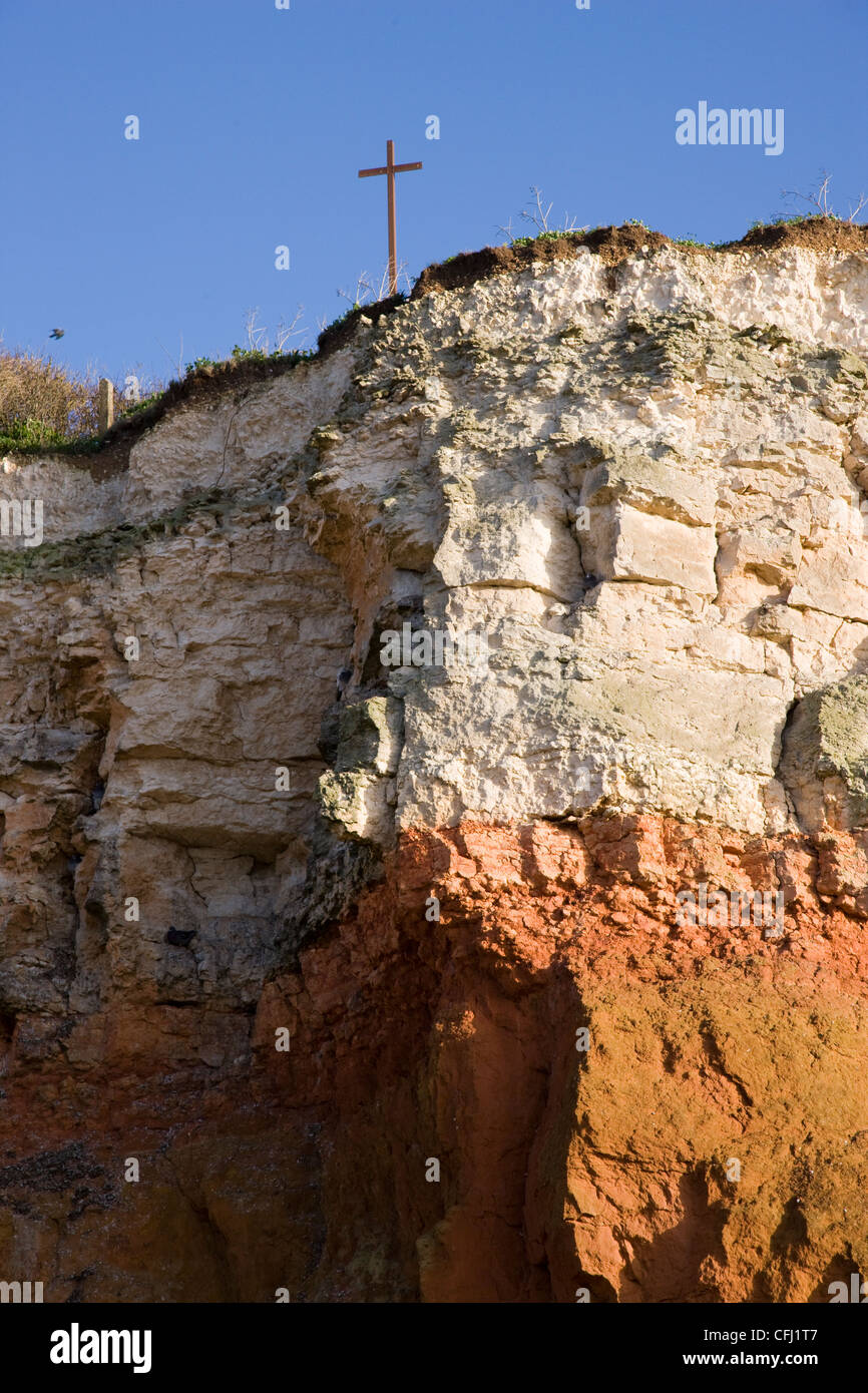 Cliffs made of red and white layered sedimentary rock with horizontal ...